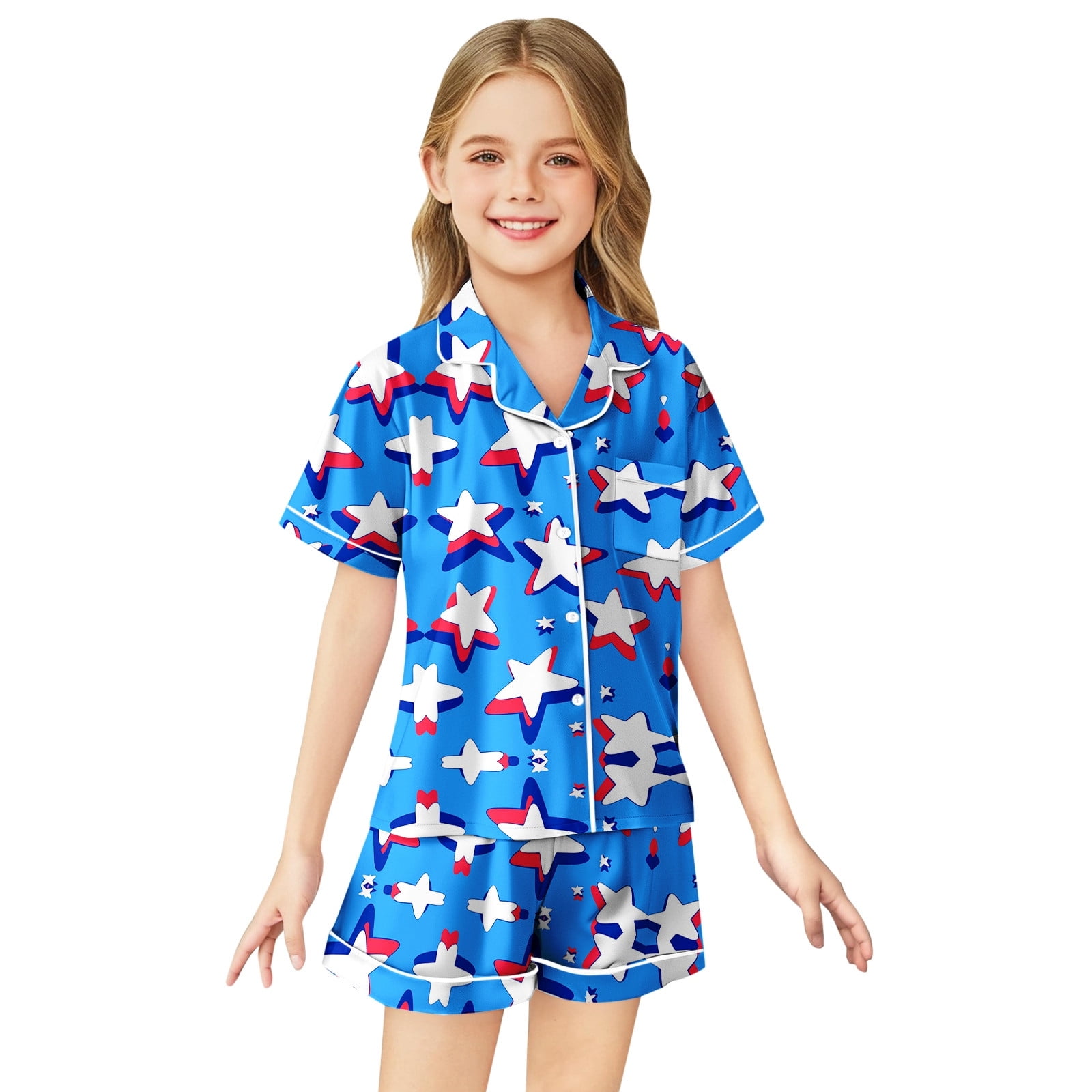 Hiijoy Big Girls Fourth of July Pajamas Short Sleeve Button Shirt ...