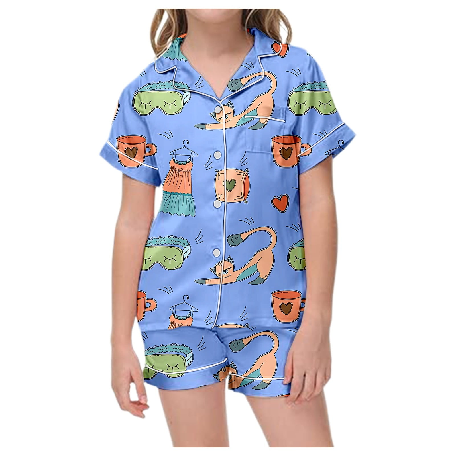 Hiijoy Big Girls Pajama Set Short Sleeved Top and Shorts Sets Cute ...