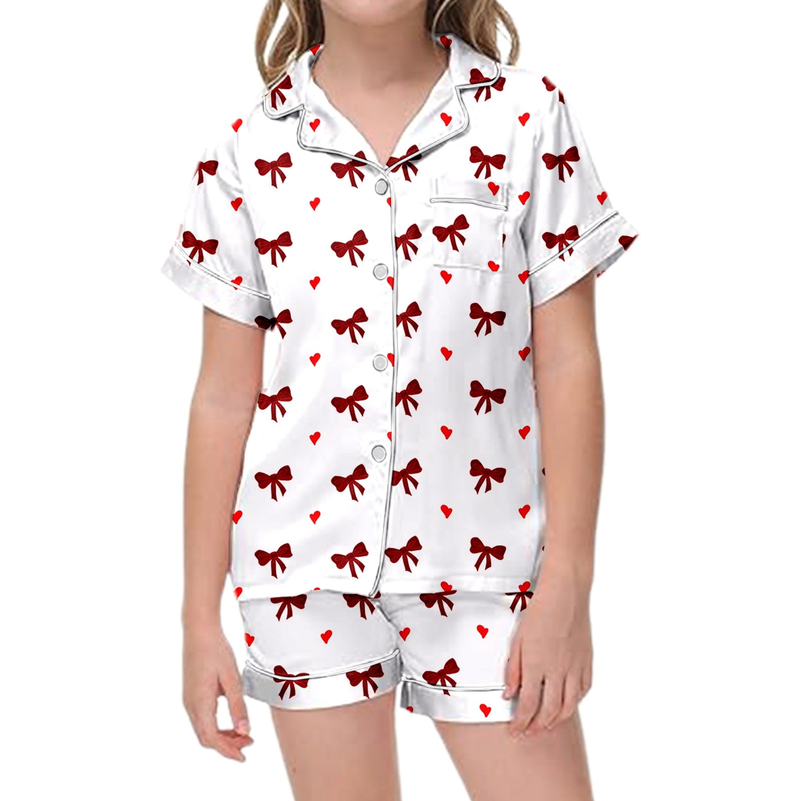 Hiijoy Big Girls Silk Pajamas Short Sleeve Button-Down Shirt and Shorts ...