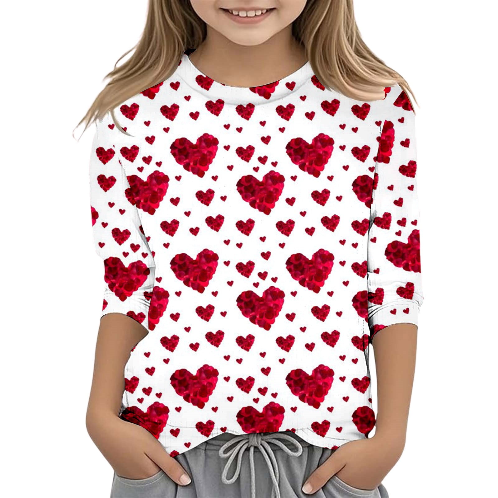 Hiijoy Big Girls Valentine's Day T Shirt Heart Prints 3/4 Sleeve Crew ...