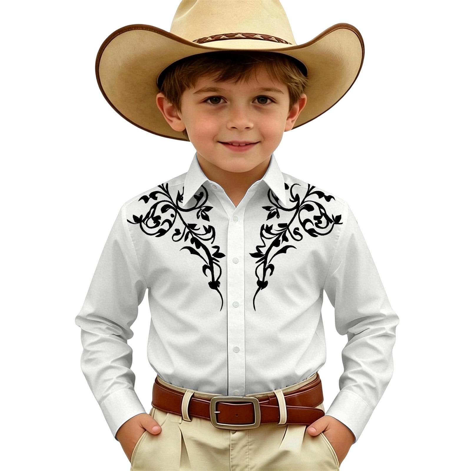 Hiijoy Boys Button Down Western Shirt Casual Youth Long Sleeve Cowboy ...