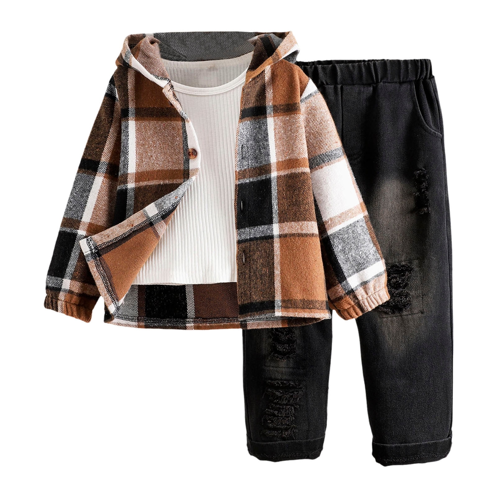 Hiijoy Little Boy's Outfits Plaid Long Sleeve Hooded Shirt and Jeans ...