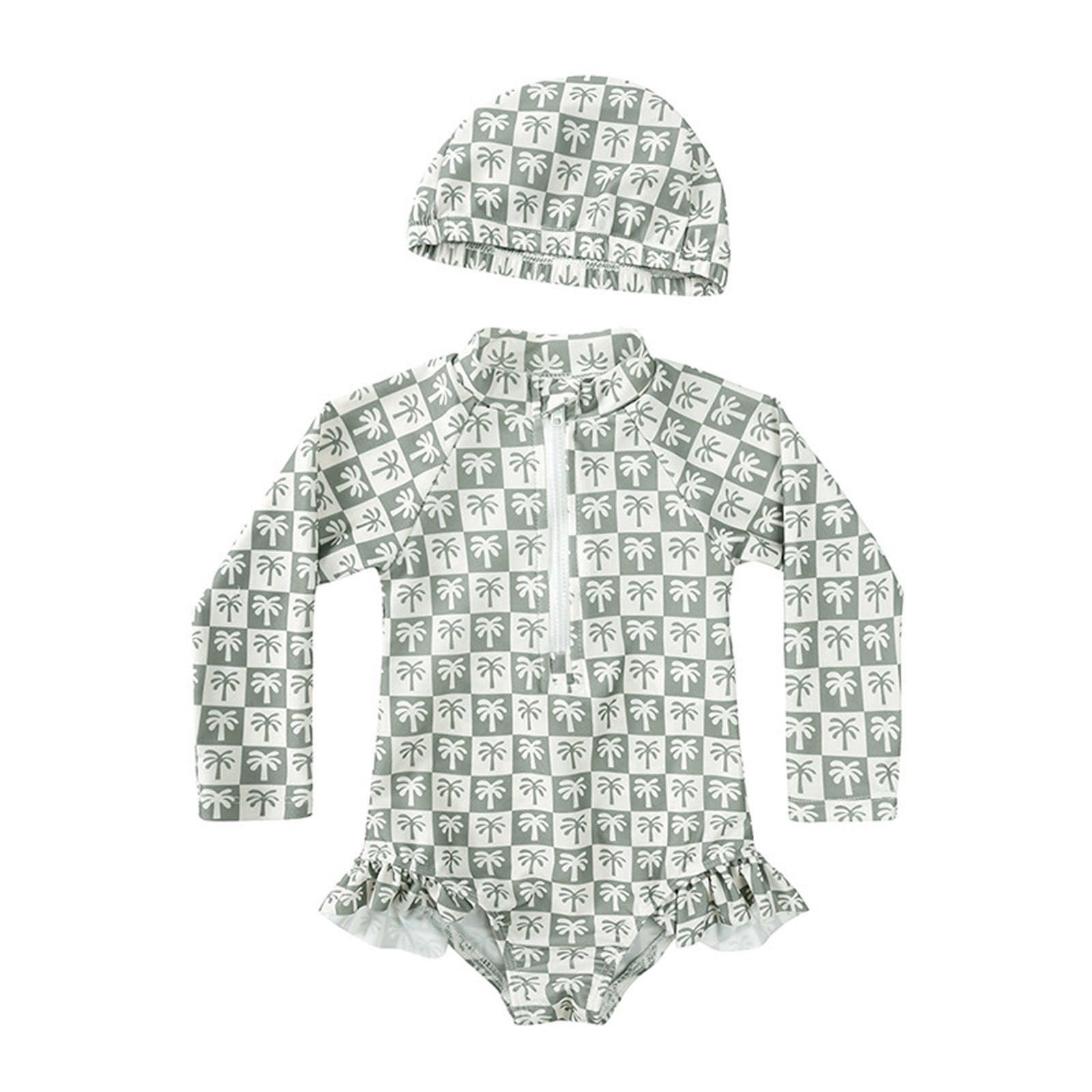 Hiijoy Little Girls Floral Long Sleeve One-Piece Swimsuit with Hat ...