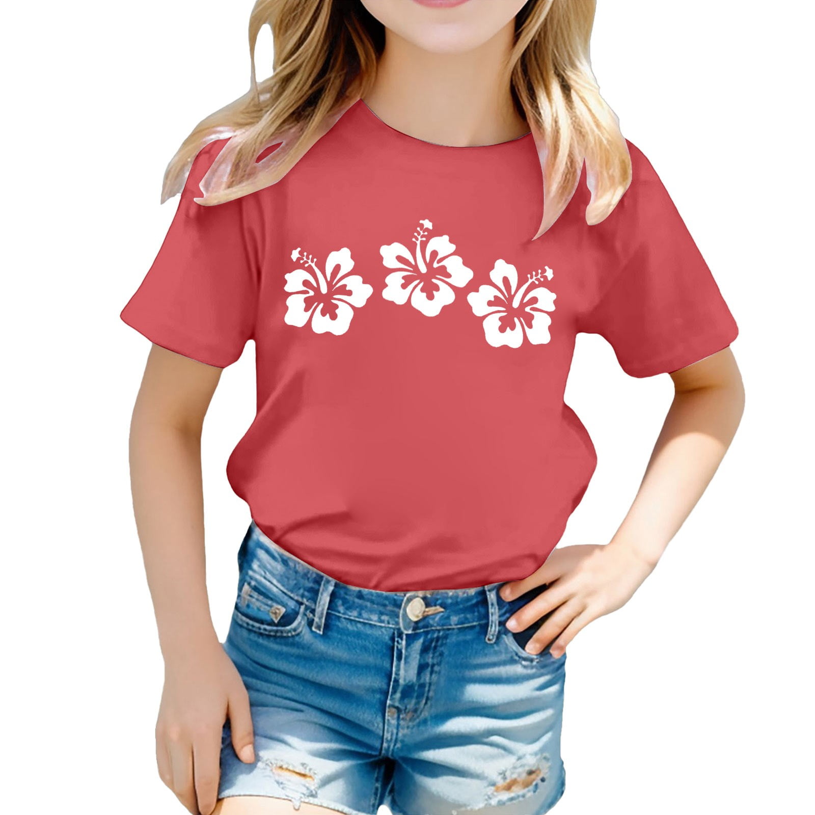 Hiijoy Little Girls T Shirt Flower Print Short Sleeve T-Shirt Summer ...