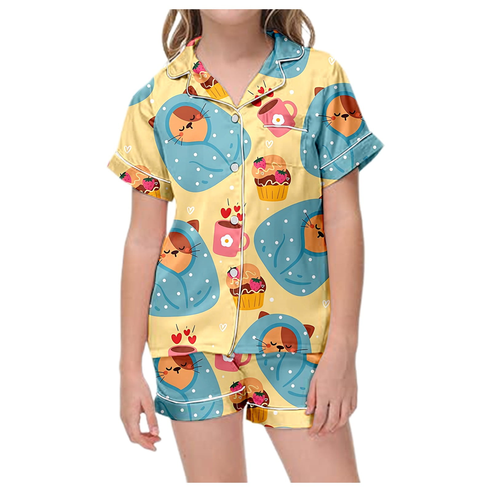 Hiijoy Toddler Girls Cute Cartoon Pajamas Short Sleeve Button Shirt and ...