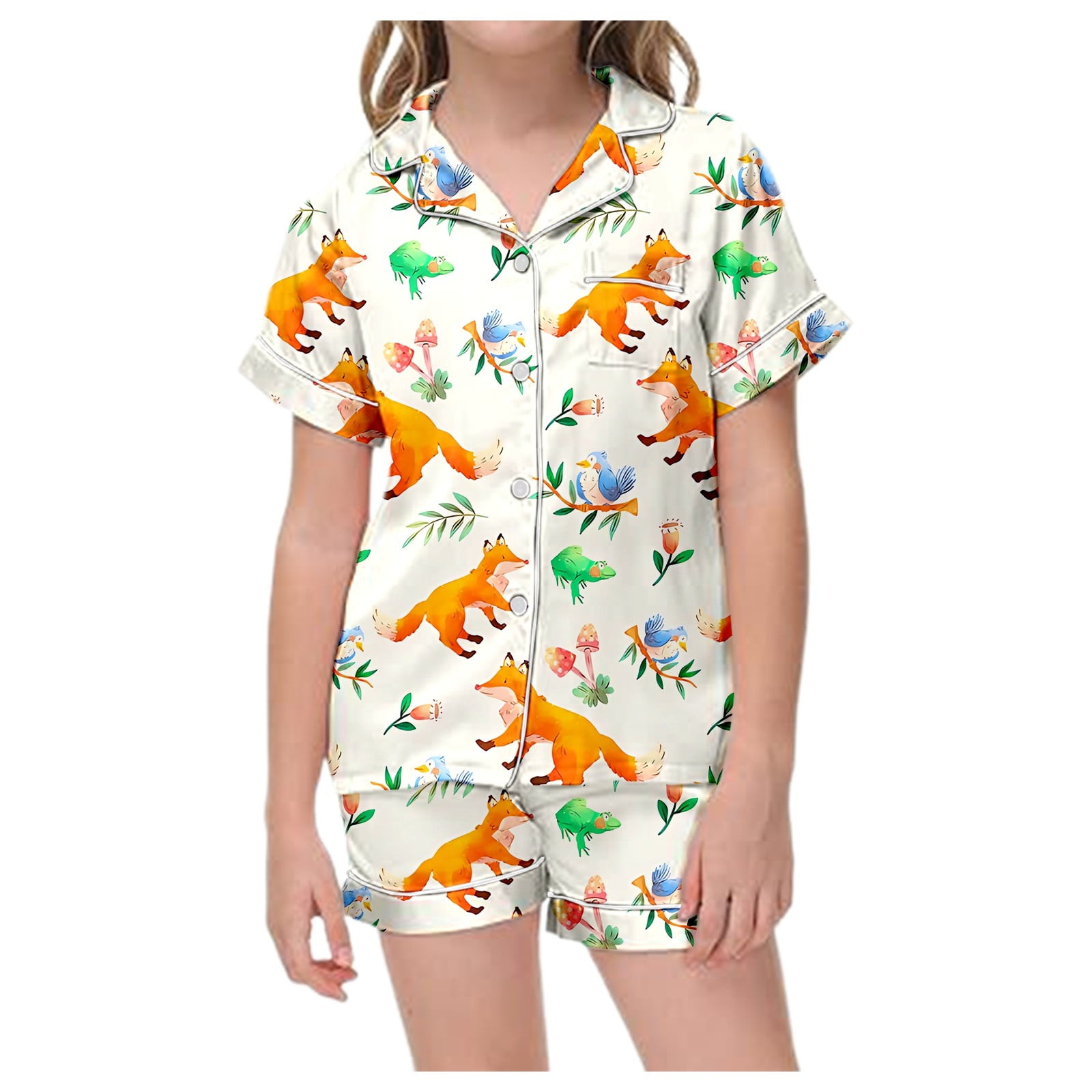 Hiijoy Toddler Girls Pajama Set Cute Fox Print Short Sleeve Button Up ...