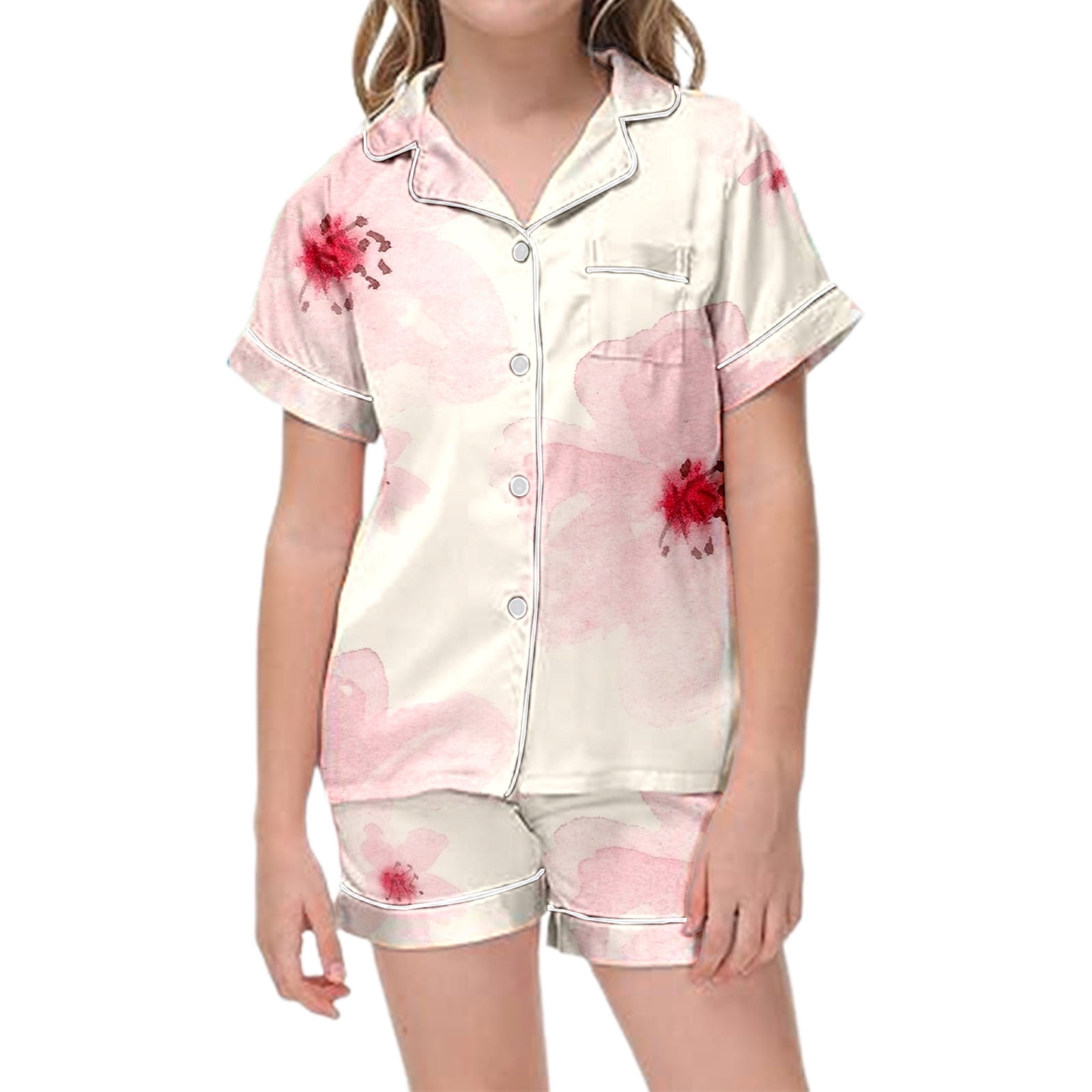 Hiijoy Toddler Girls Pajamas Flower Printed Short Sleeve Button Top ...