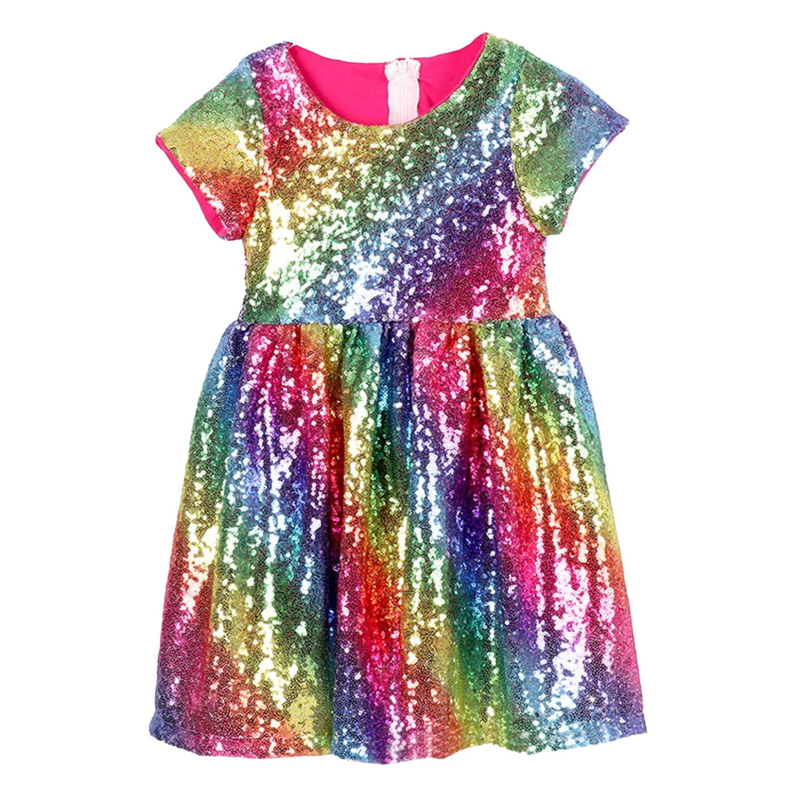 Hiijoy Toddler Girls Rainbow Sequin T Shirt Dress Sparkly Short Sleeved ...