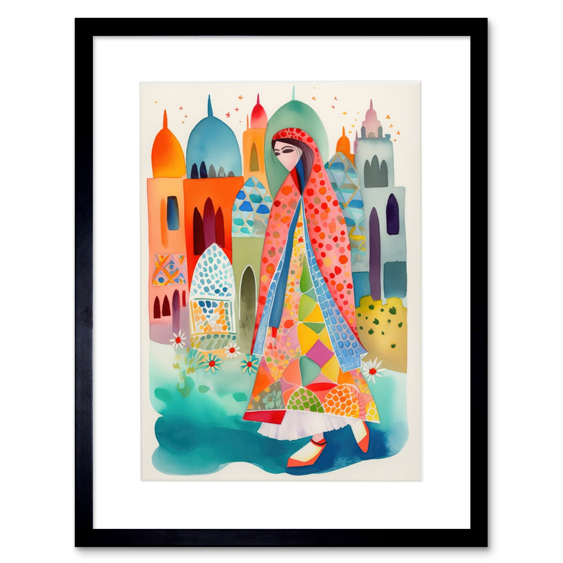 Hijab Muslim Woman with Buildings Folk Art Artwork Framed Print Wall ...