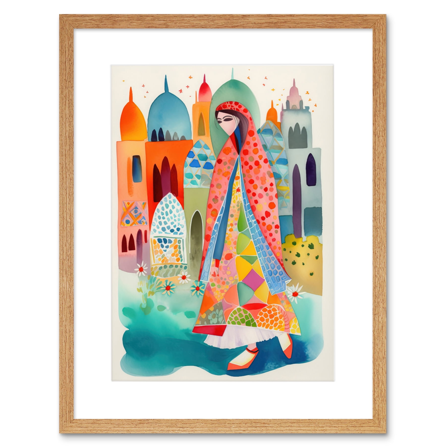 Hijab Muslim Woman with Buildings Folk Art Artwork Framed Print Wall ...