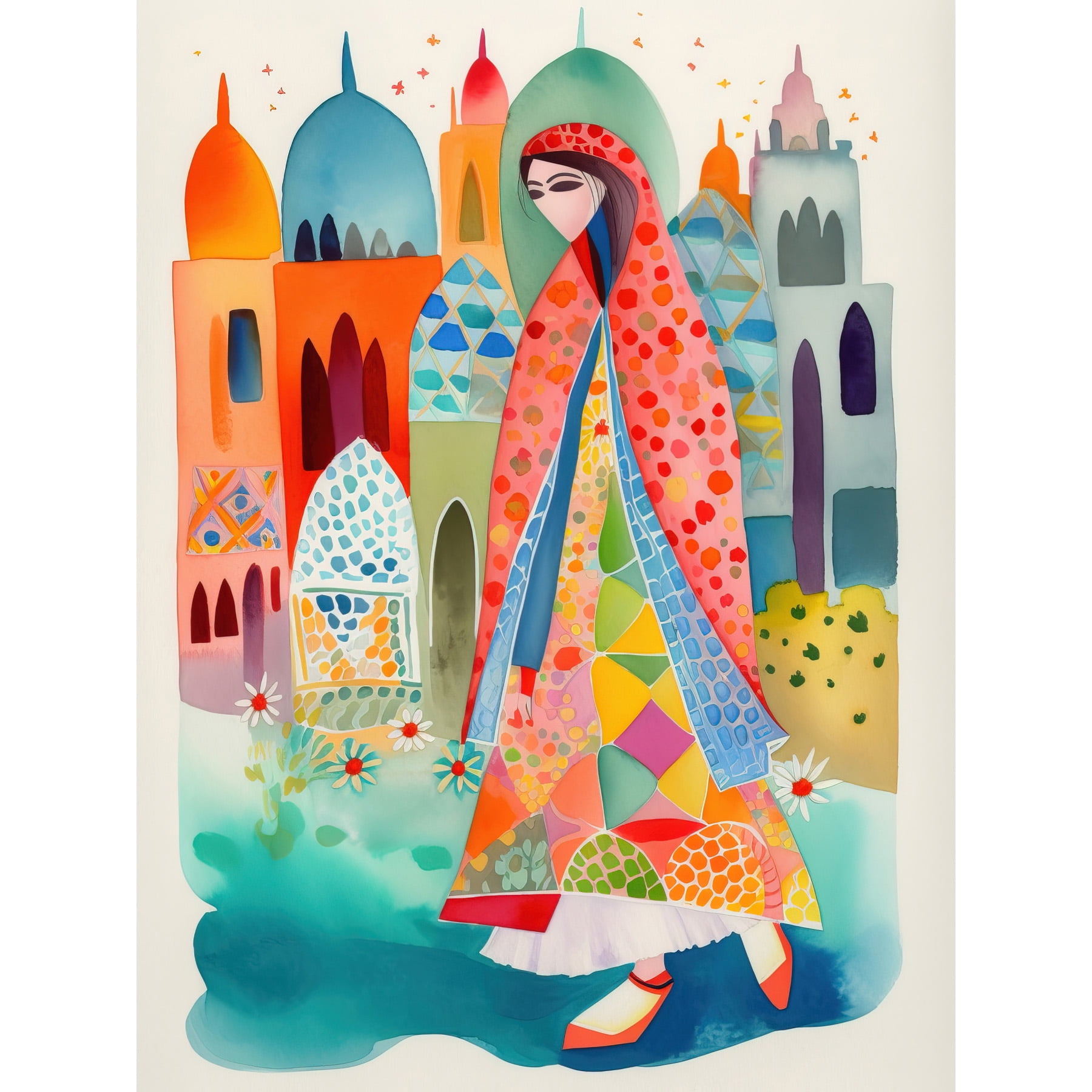 Hijab Muslim Woman with Buildings Folk Art Extra Large XL Wall Art ...