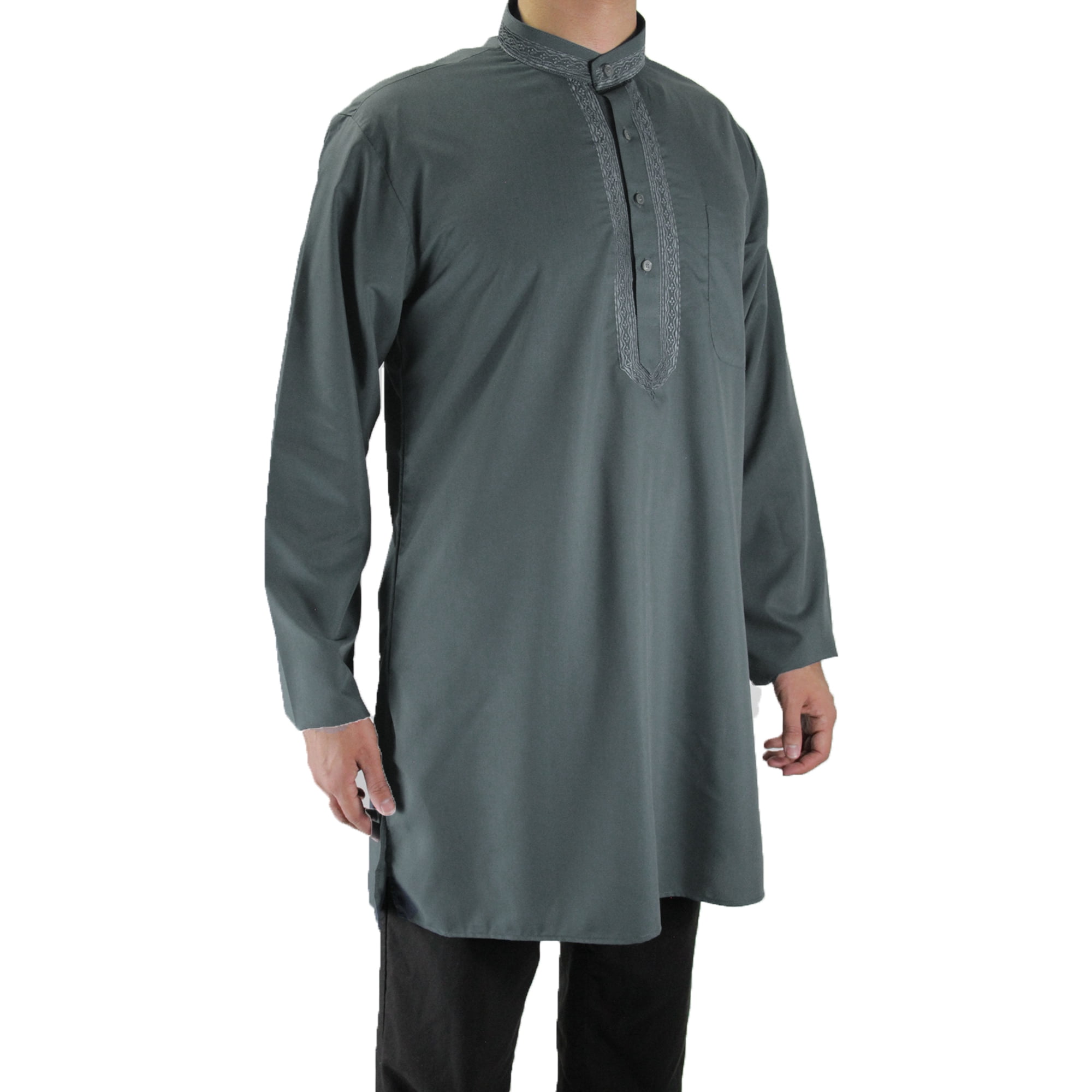 Hijaz Men's Embroidered Cool Gray Kurta Top Wrinkle Free Cotton Short ...