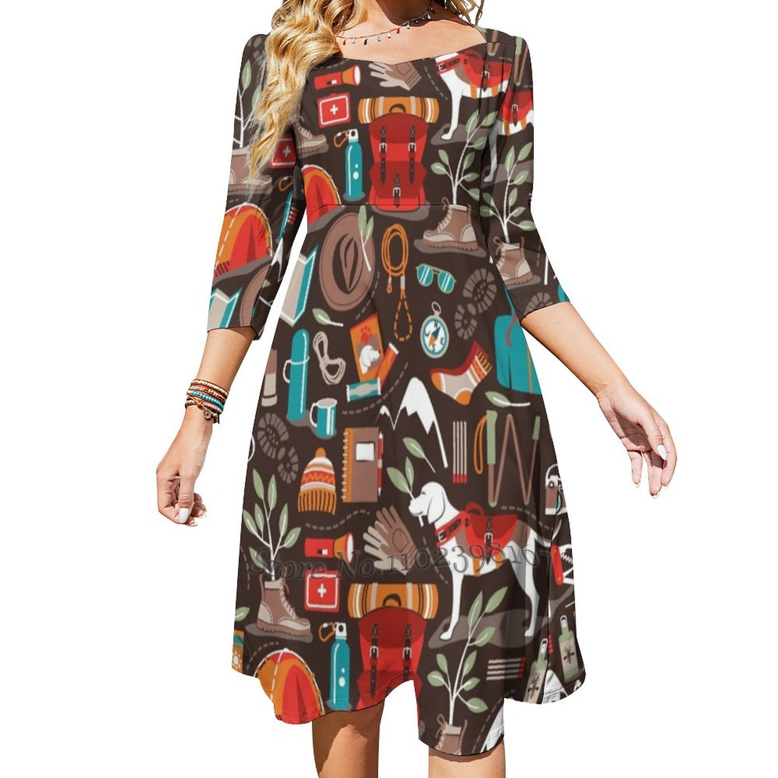 Hiking Trip Brown Oak Background Orange Red Sage Green And Teal Hike Sweetheart Knot Flared ...