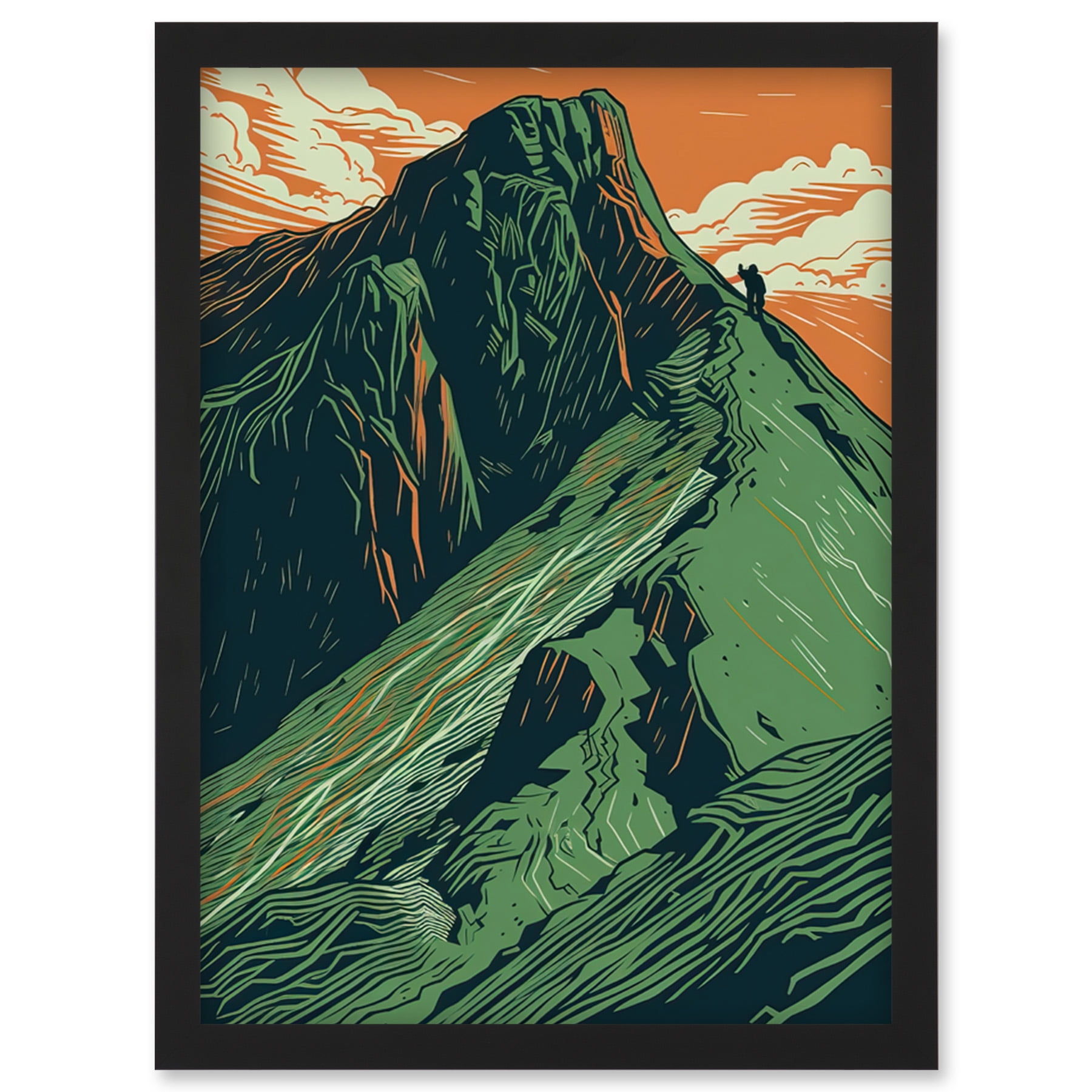 Hiking the Striding Edge Orange and Green Linocut Artwork Framed Wall ...