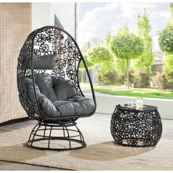 Hikre Glass, Charcoal Fabric Black Wicker Patio Lounge Chair Side Table ...