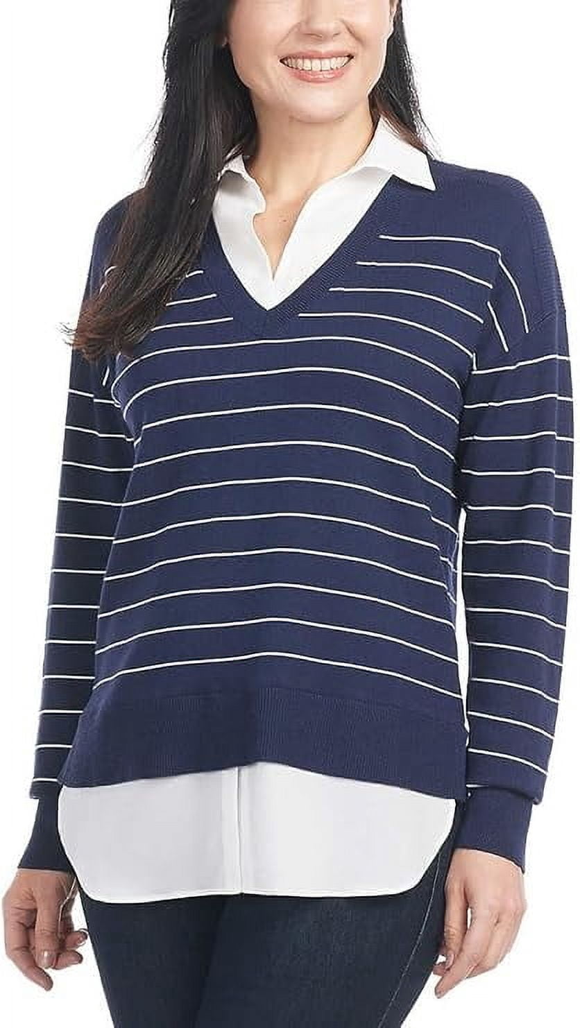 Hilary Radley Women's Collared V-Neck Soft 2-fer Sweater (Blue, L ...