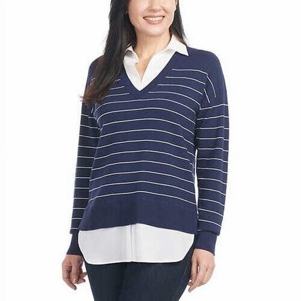 Hilary Radley Women's Collared V-Neck Soft 2-fer Sweater (Blue, M ...