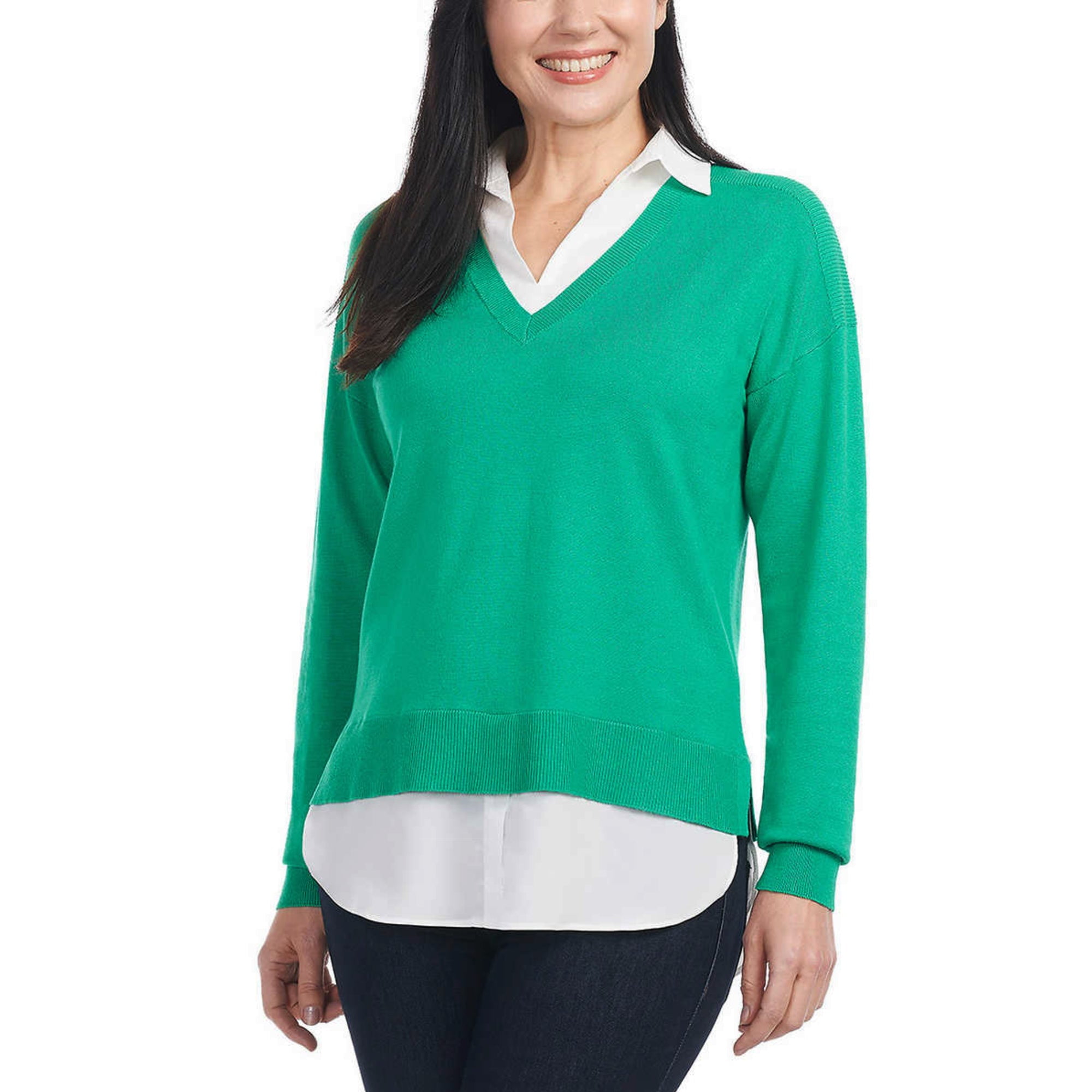 Hilary Radley Women's Collared V-Neck Soft 2-fer Sweater (Green, XXL ...