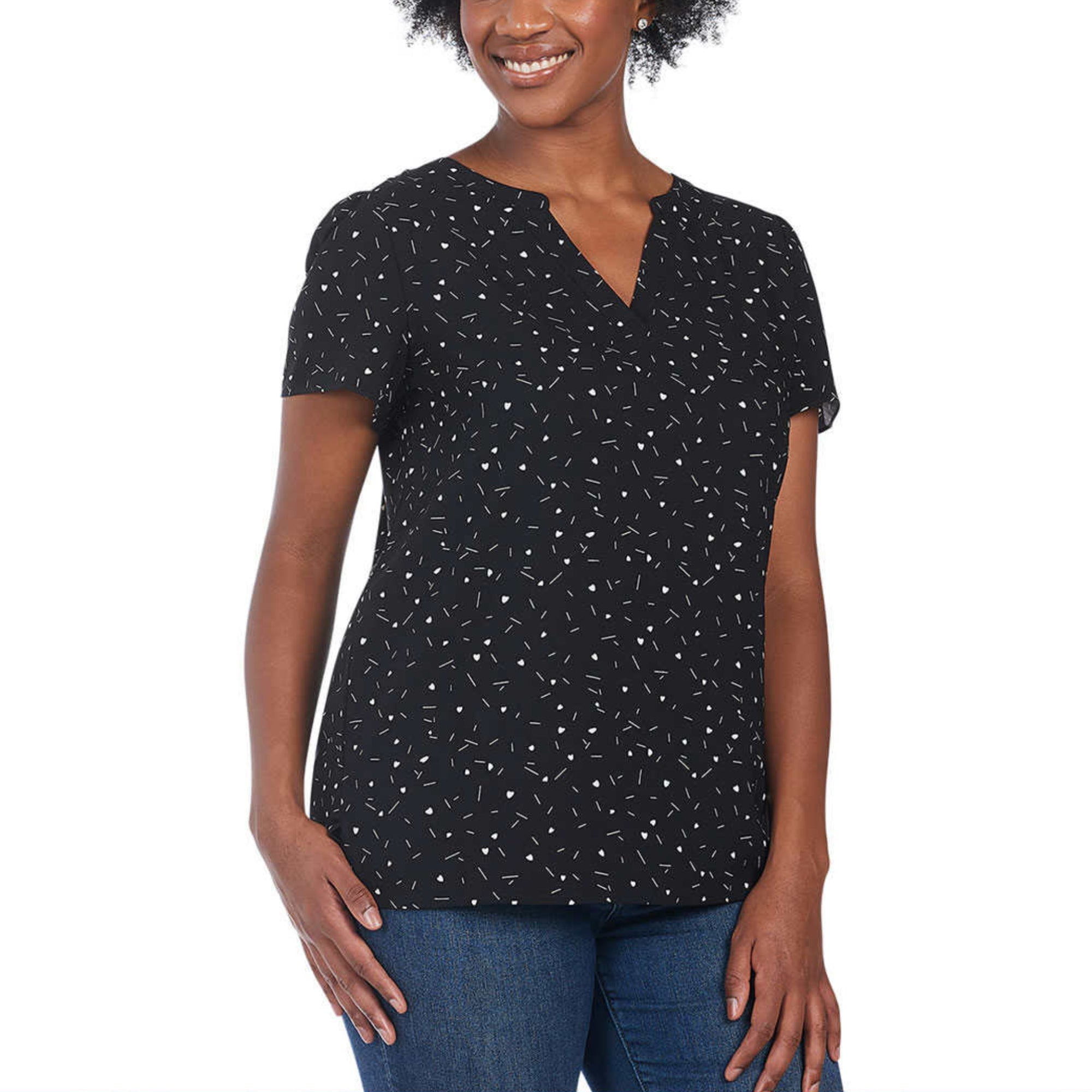 Hilary Radley Women's V-Neck Flutter Sleeves Lightweight Printed Blouse Top-Black / M - Walmart.com