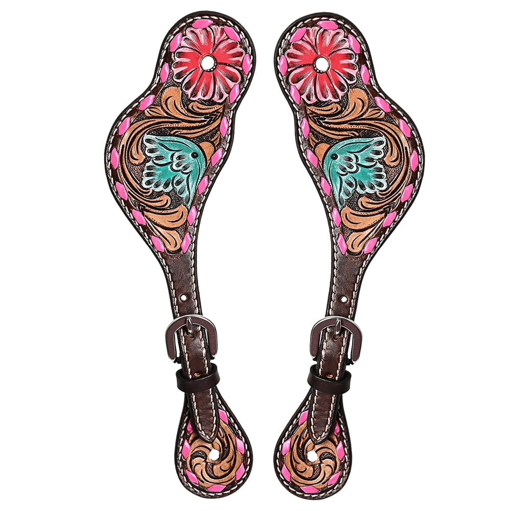 Hilason Western Spur Strap American Leather Floral Carving Dark Brown ...