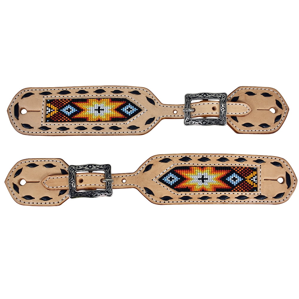 Hilason Western Spur Straps American Genuine Leather Tan Beaded Inlay ...