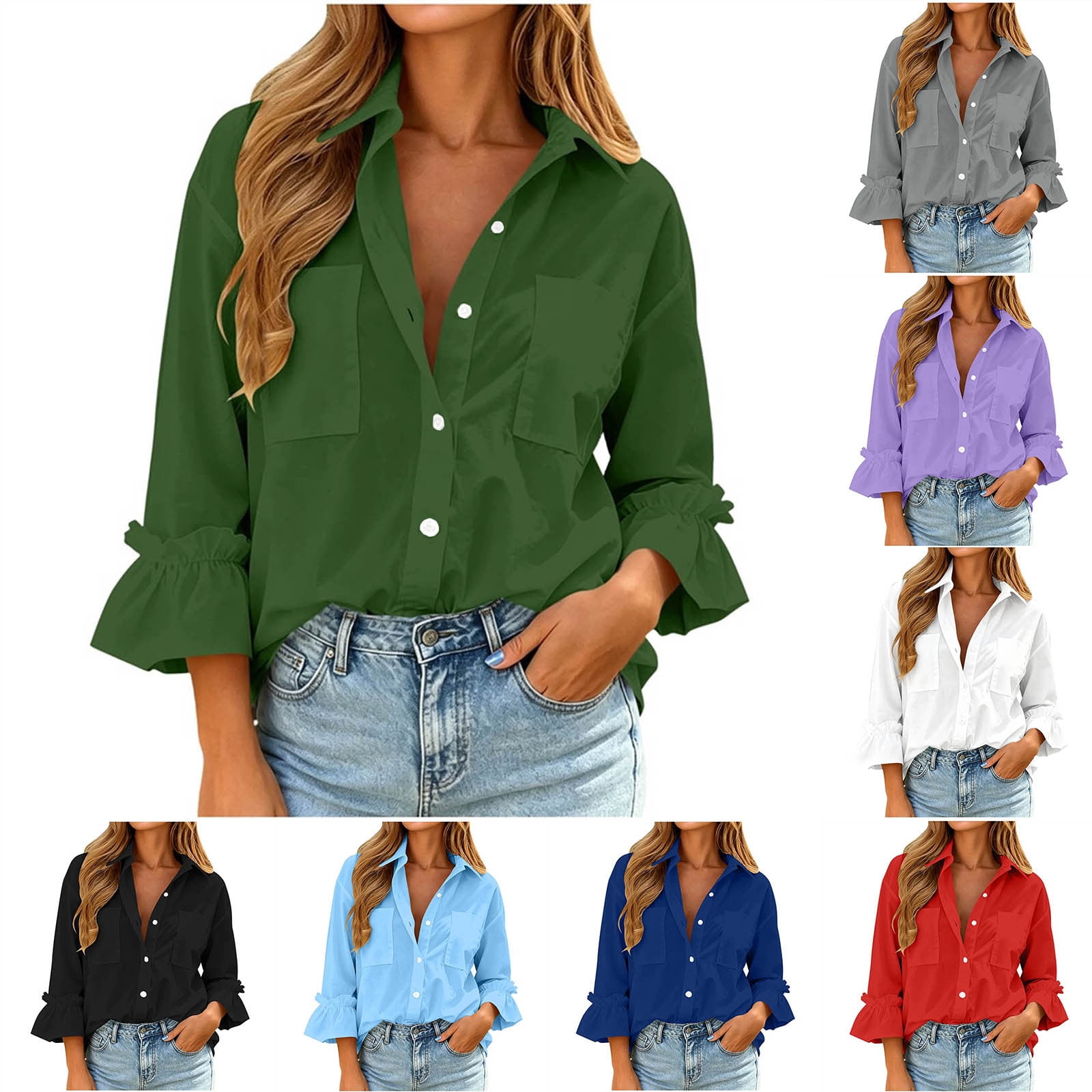 Hilenly Womens Button Down Shirt Ruffle 3/4 Sleeve Tops Collared V Neck ...