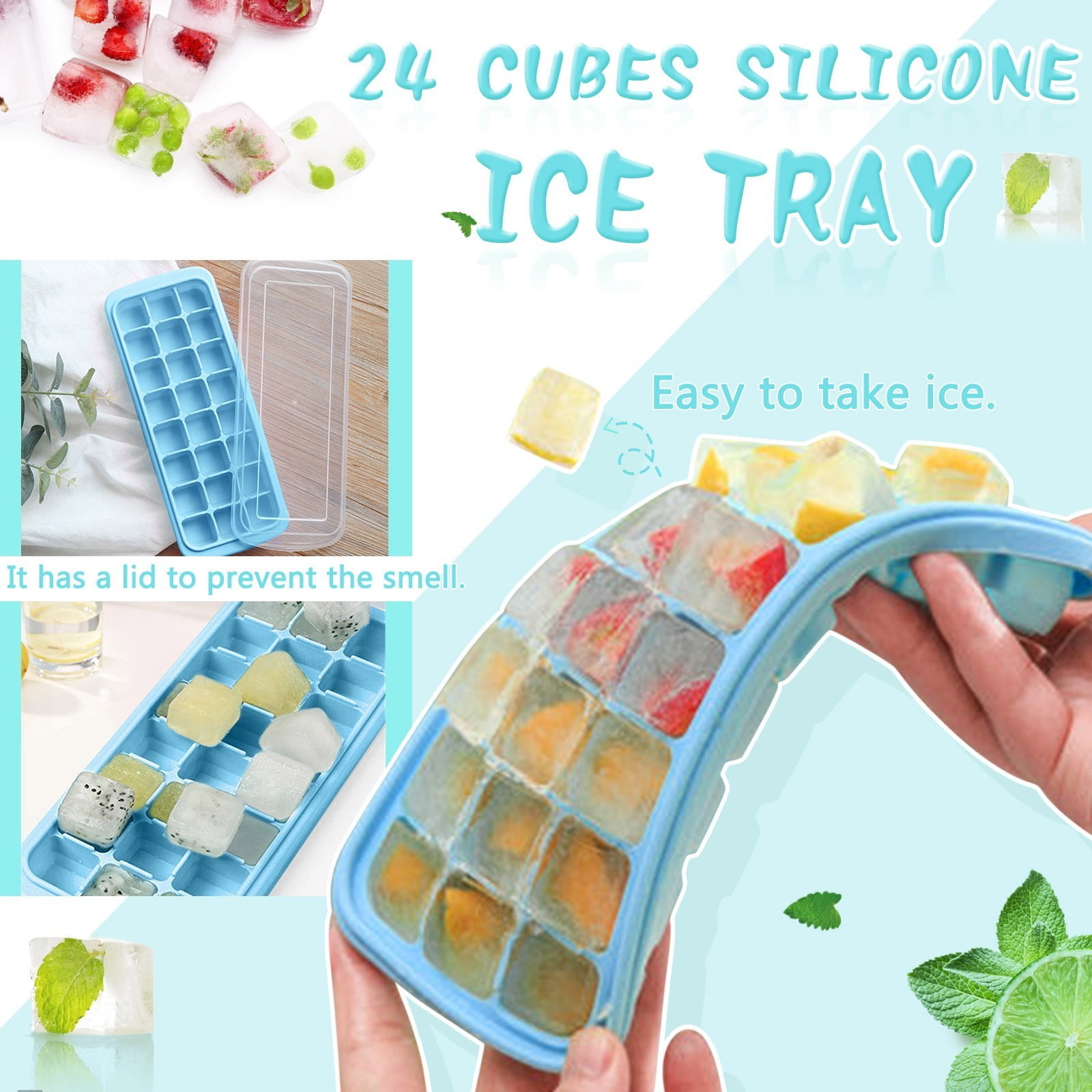Hilingoto 24 Square Silicone Ice Cube Tray with Lid Blue* 24 Cubes ...
