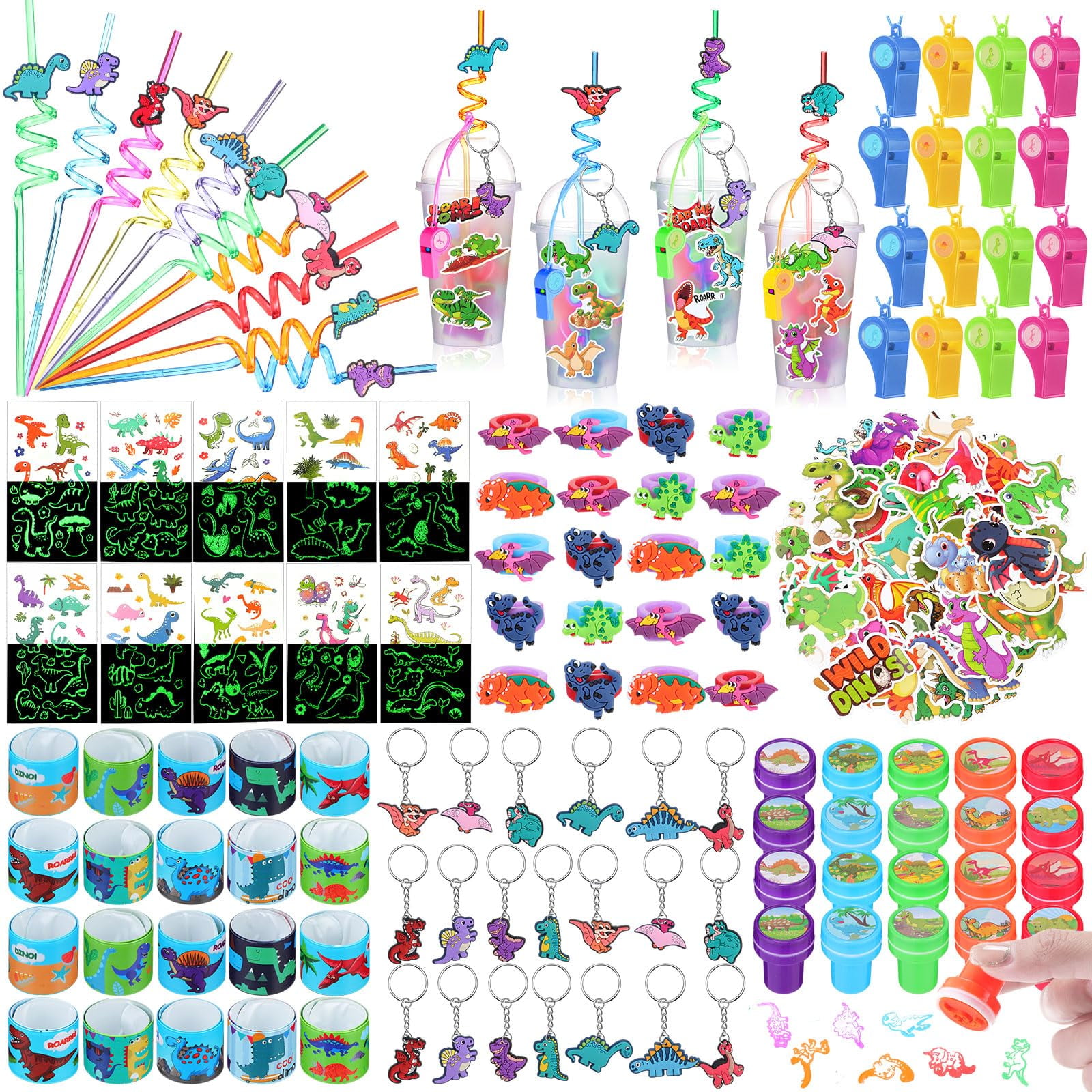 Hillban 232 Pcs Dinosaur Party Favors Set Gift Cups Filler with Straw ...