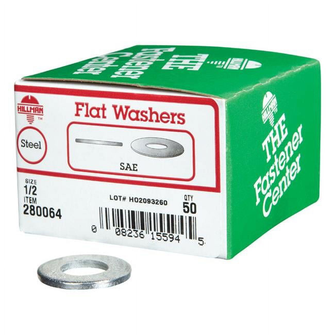 Hillman 280064 SAE Flat Washers, 1/2'', Zinc Plated Steel, 50 Pack ...