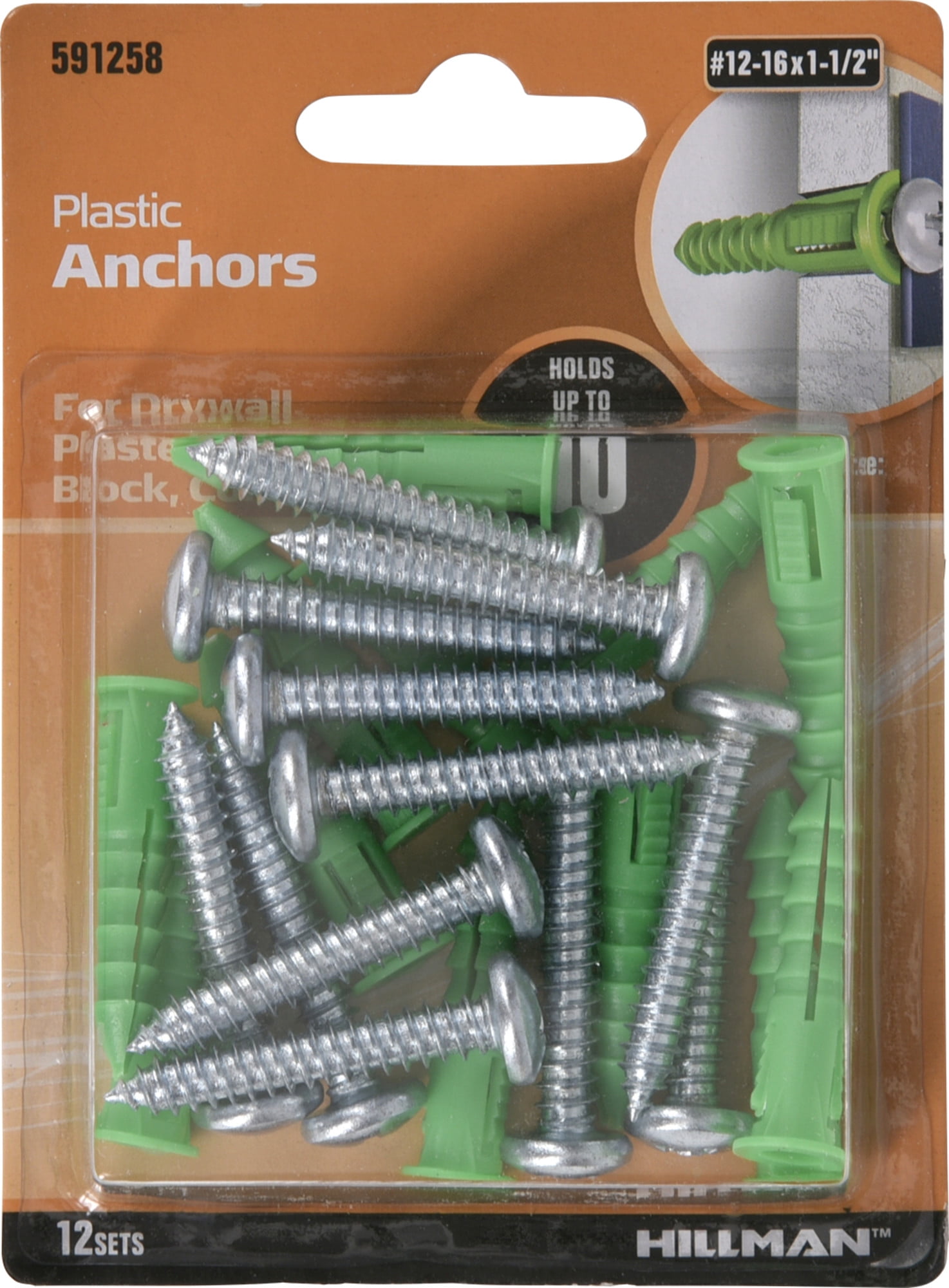 Hillman Ribbed Plastic Anchors with Screws (#12-16 x 1-1/2") - 12 Sets ...