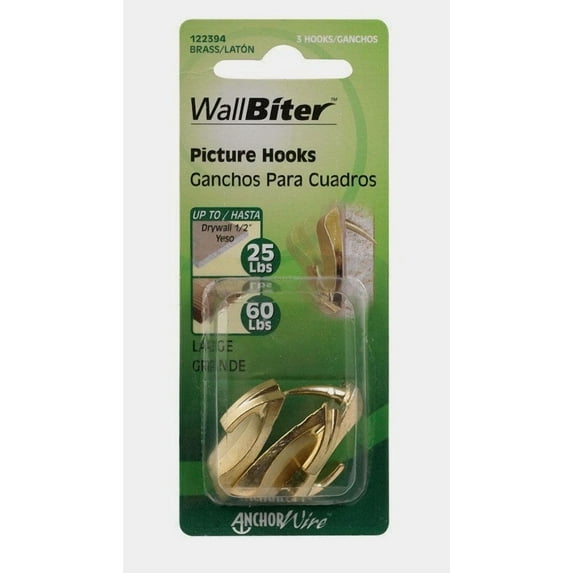 Hillman Wallbiter 60 Lb Brass Large Picture Mirrir Hook Hanger 3 Pk ...