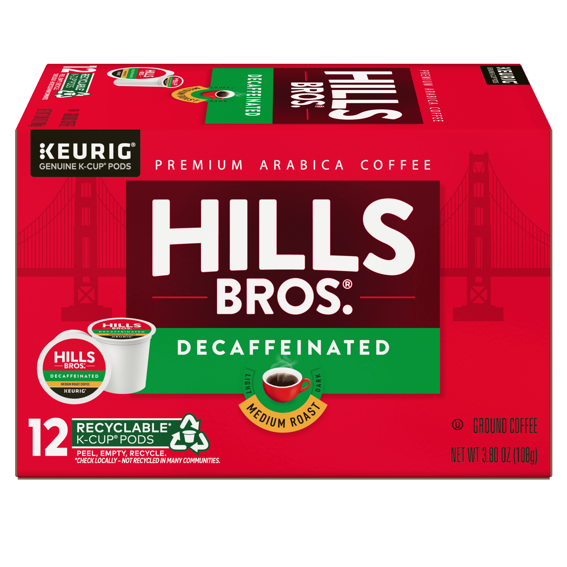Hills Bros. 100% Arabica Decaffeinated Medium Roast K-Cup® Coffee Pods ...