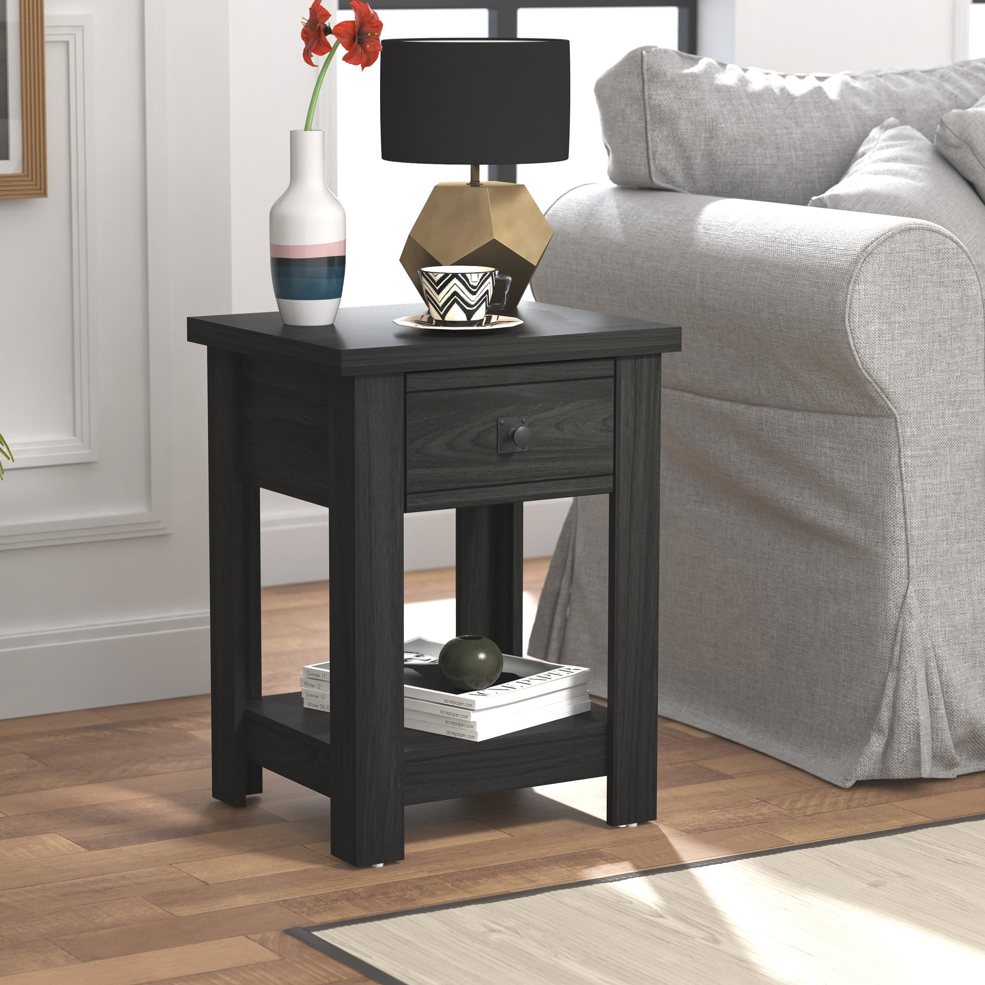 Hillsdale Coover Wood Rectangular End Table with 1 Drawer, Black ...
