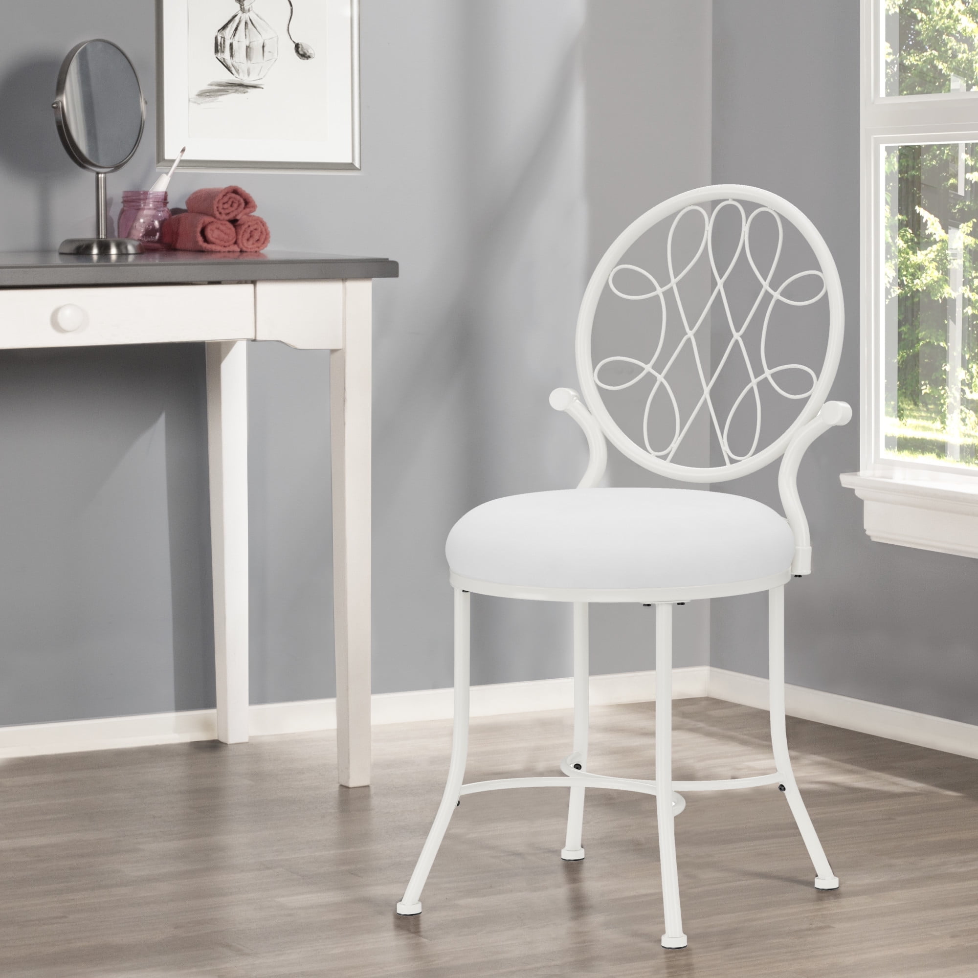 Hillsdale, Vanity Stool, Celtic Circle Back Metal, White Finish, Cream ...