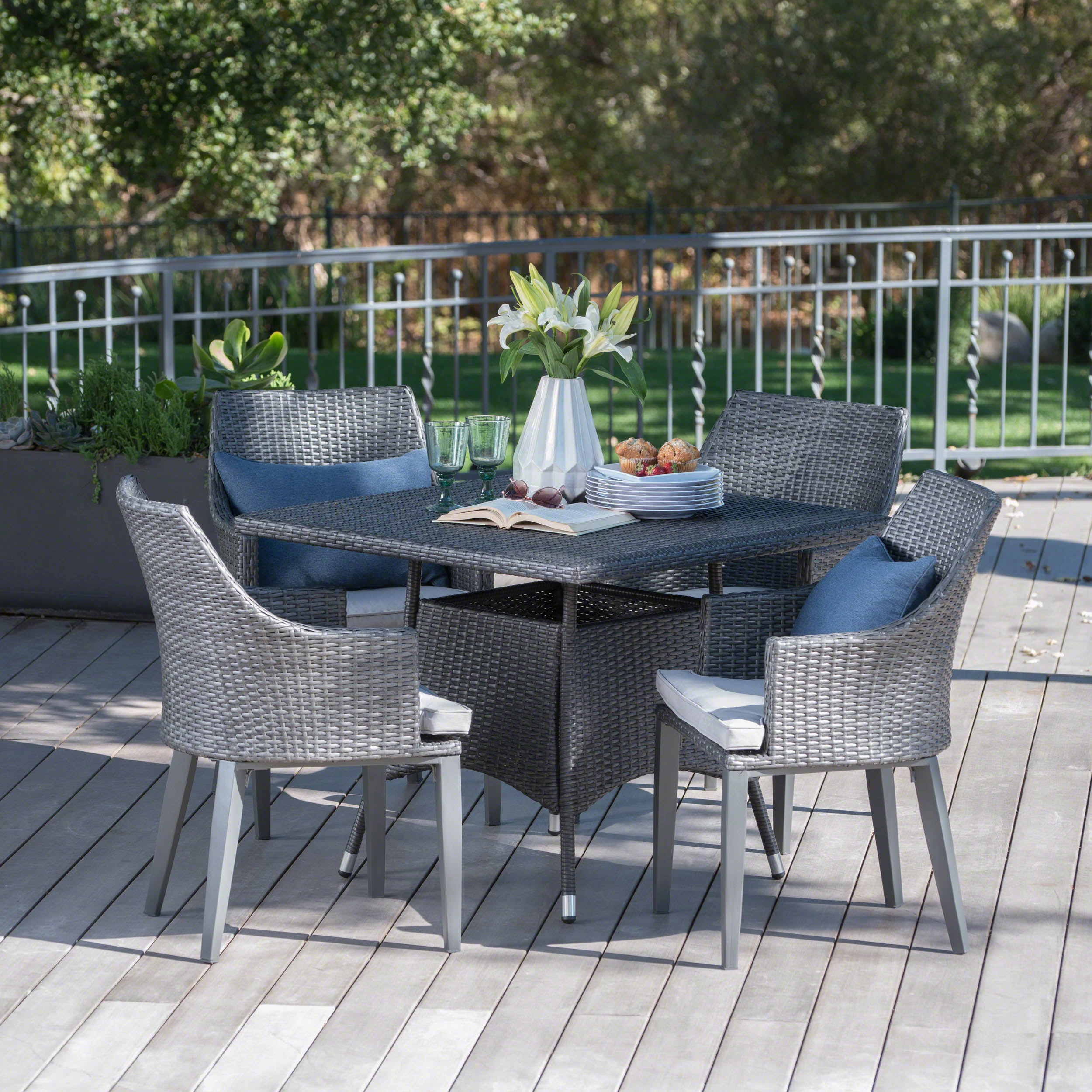 Hillsdale Outdoor 5 Piece Wicker Square Dining Set with Cushions, Grey ...