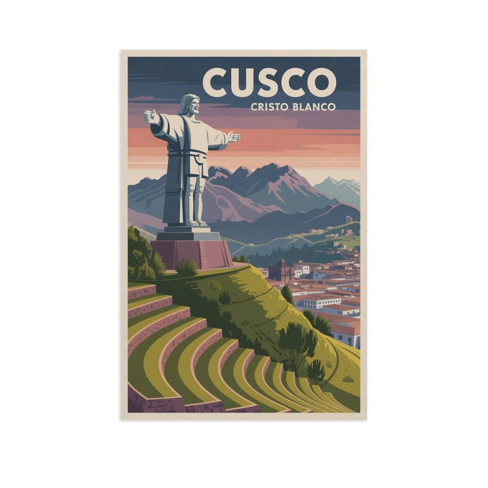 Hilltop Statue Wall Art Cristo Blanco Peru Retro Travel Poster Cusco ...