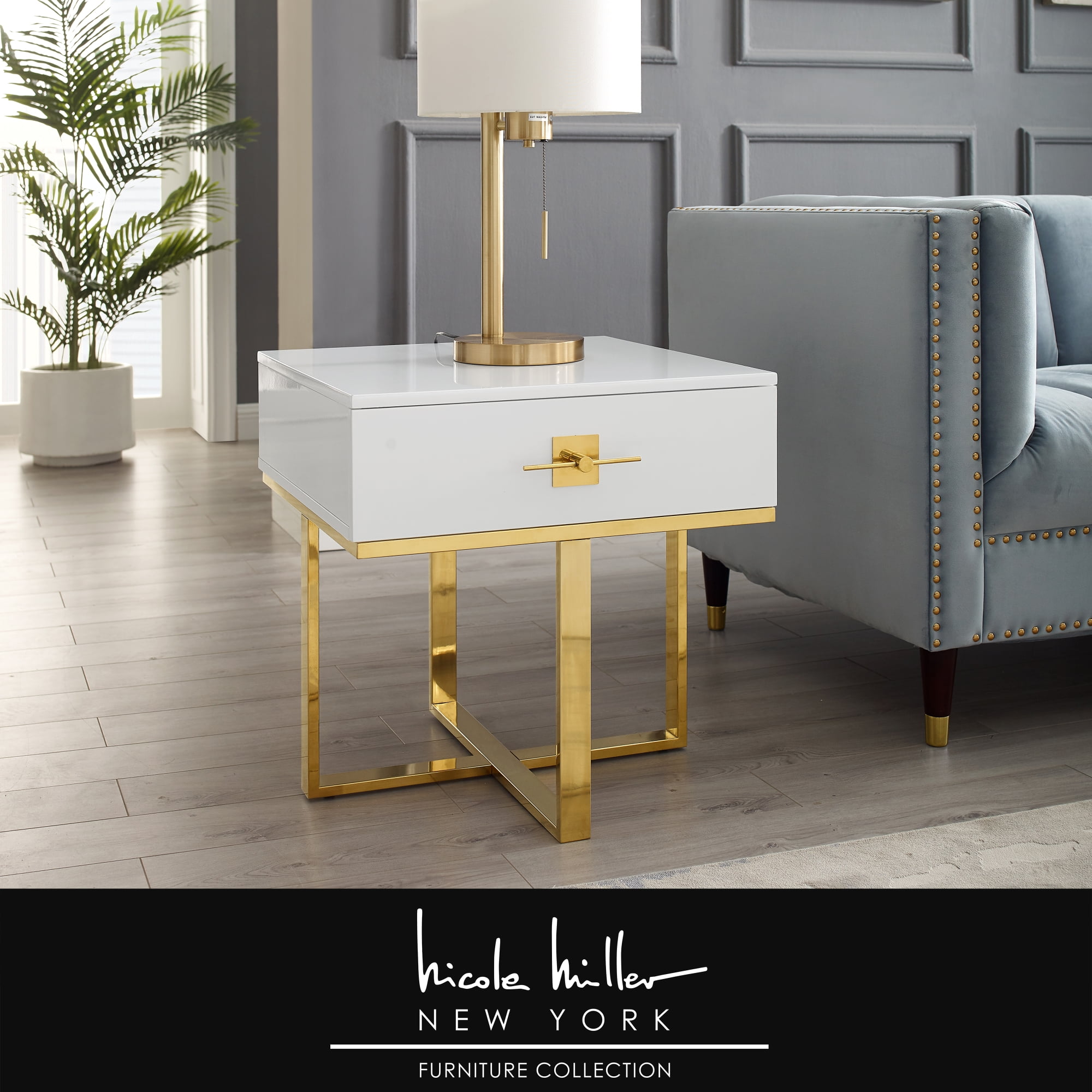 Hilo White Gold Side Table - 1 Drawer, Hight Gloss Lacquer Finish ...