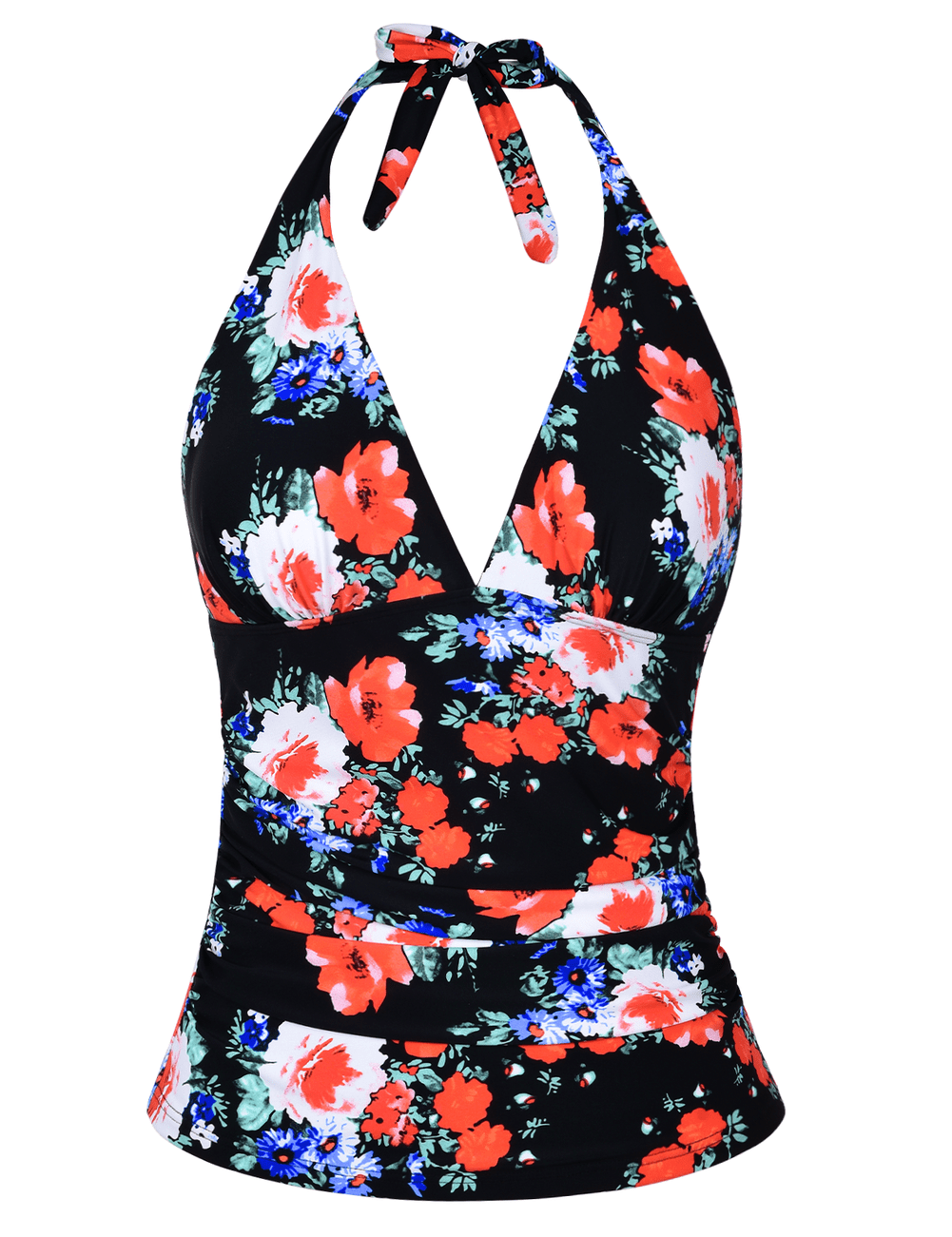 Hilor Women's Plunging V Neck Halter Swim Tops Shirred Tankini Top ...