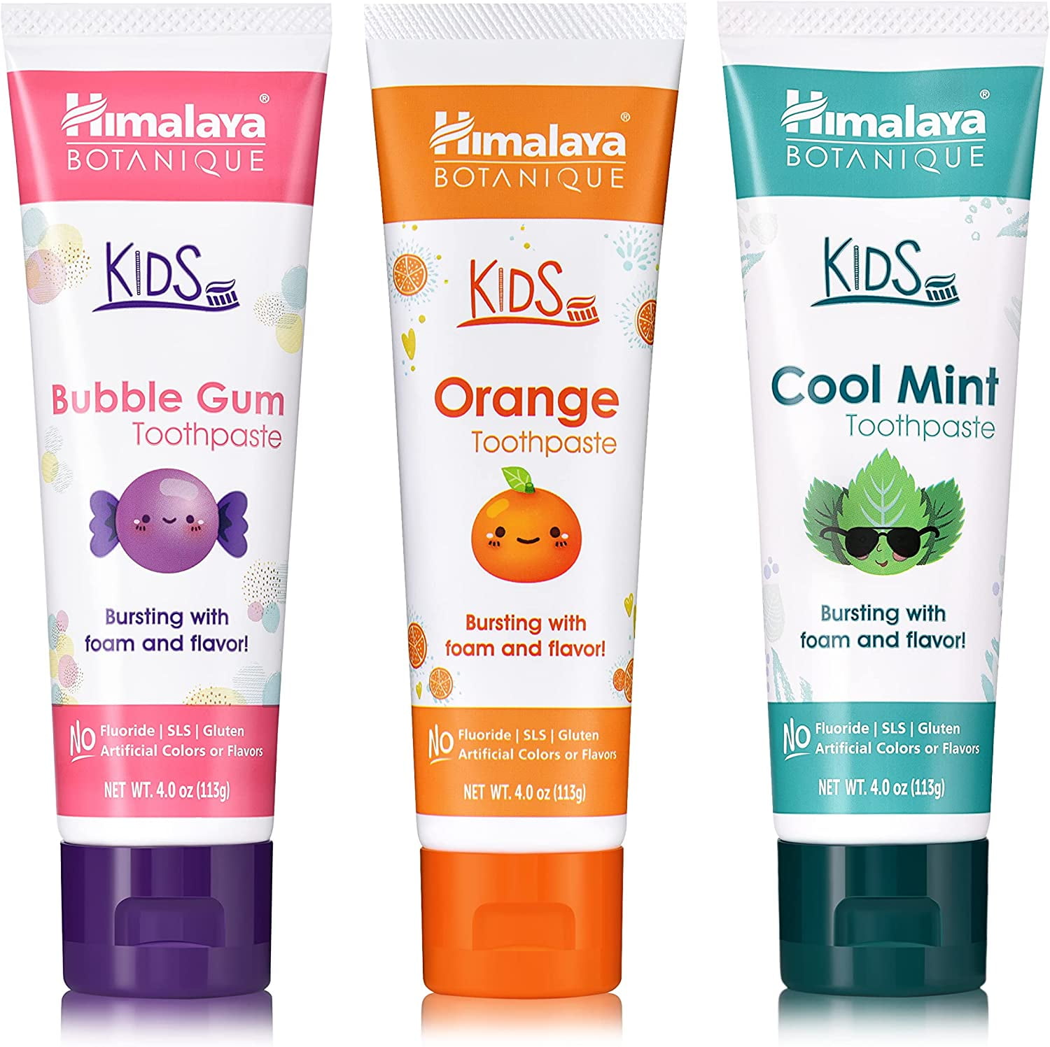 Himalaya Kids Toothpaste, Herbal, Cool Mint, Bubble Gum, Orange Flavor ...
