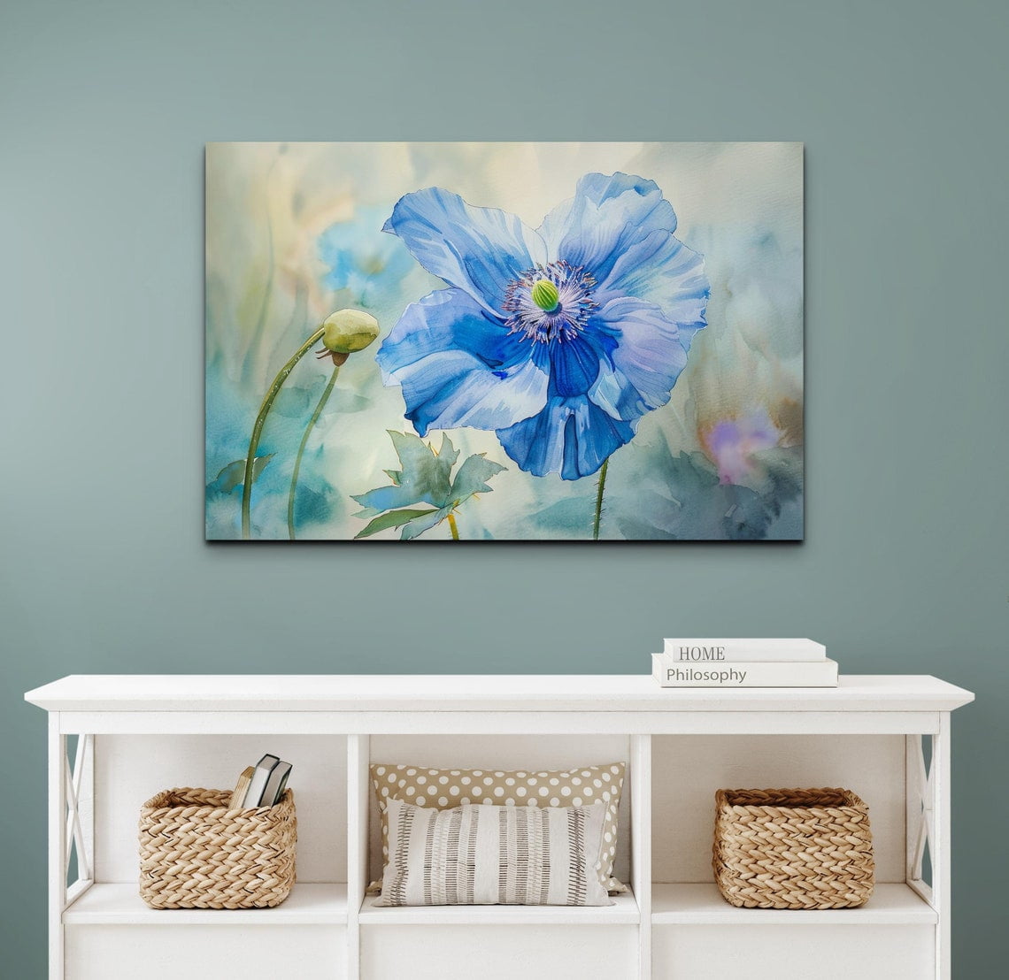 Himalayan Blue Poppy Watercolor Pastel Painting Style Print, Modern ...