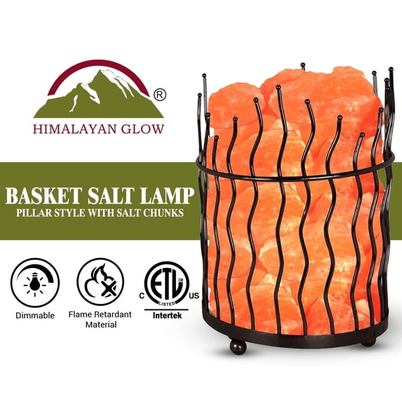 Himalayan Glow Natural Himalayan Salt Lamp, Pillar Style Metal Basket ...