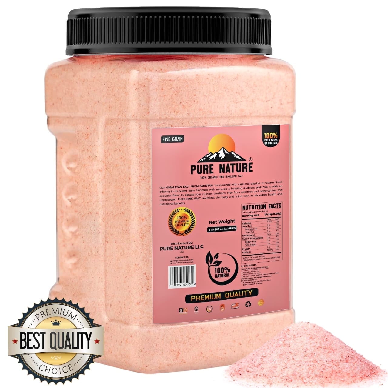 PURE NATURE Himalayan Pink Salt 5lb Fine Grain Jar, Natural Unprocessed ...