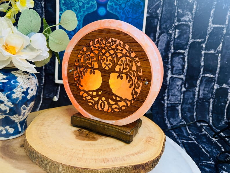 Himalayan Pink Salt Lamp with Tree Of Life Carving on Wood Sheet, Pink ...