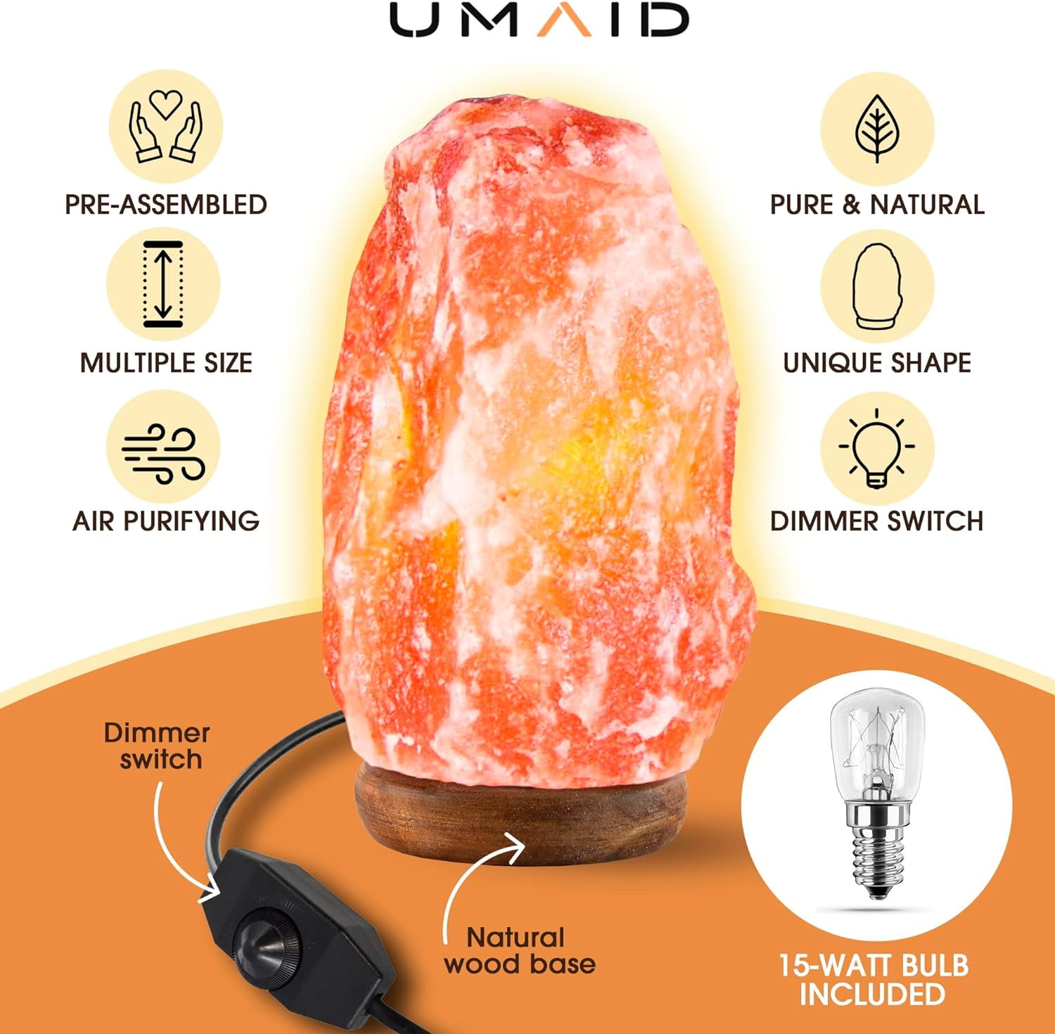 Himalayan Salt Lamp 8-10 inch (7-11 lb) with Dimmable Switch and Night ...
