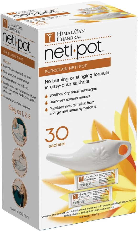 Himalayan Sinus Rinse Porcelain Neti Pot with 30 Sachets, 11 Ounce ...