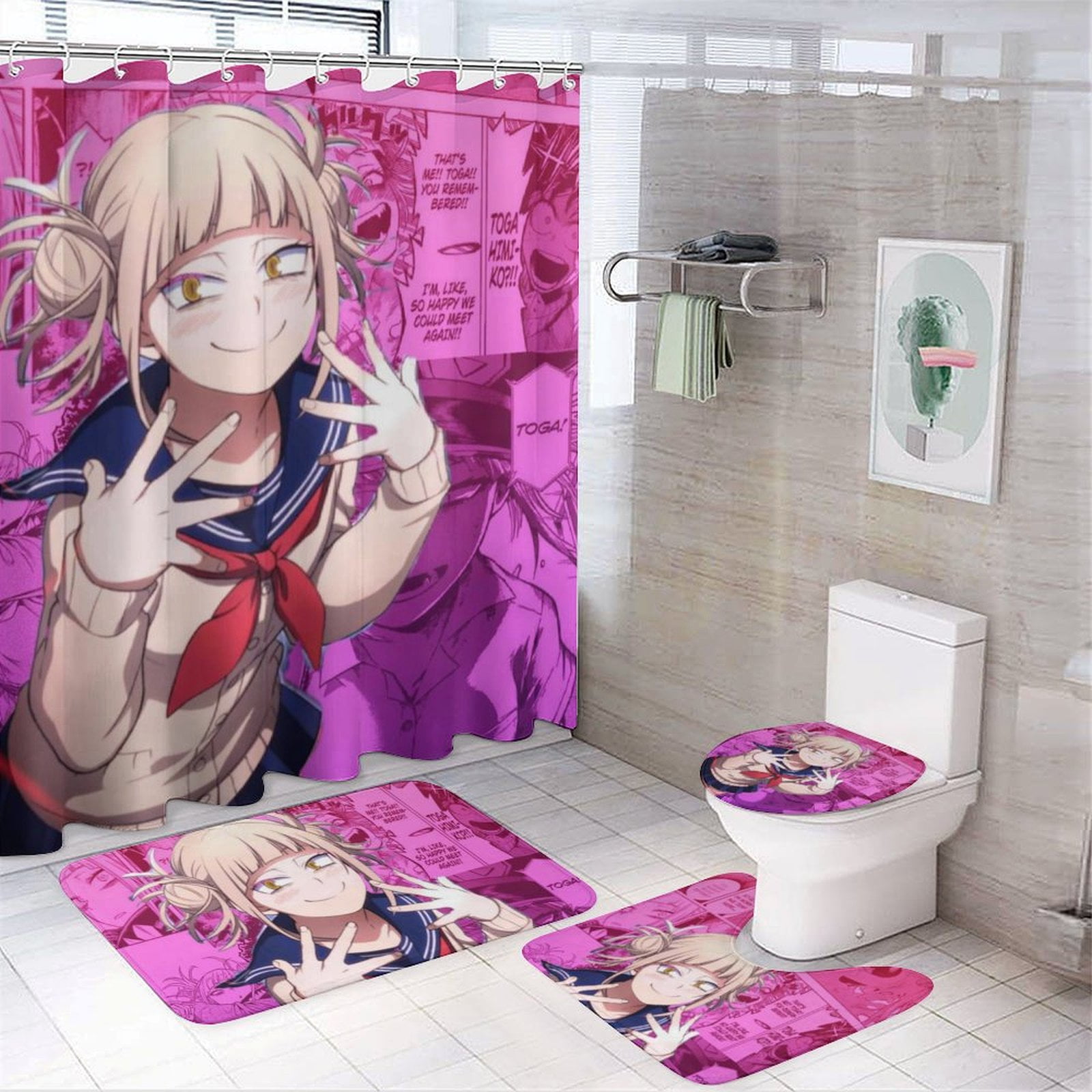 Himiko Toga 4 Pcs Bathroom Shower Curtain Set with Rugs(Bath Mat,U Shape Mat, Toilet Lid Cover ...