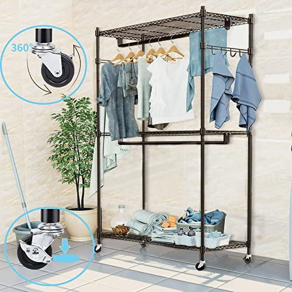 Himimi 3 Tier Garment Rack with Wheels, Portable Wire Shelving Closets ...
