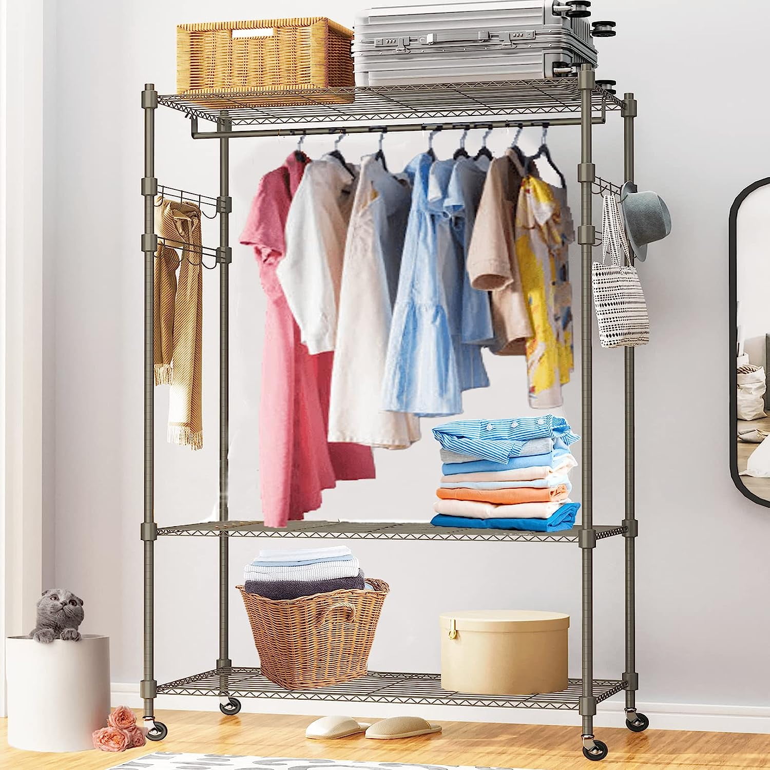 Himimi 3 Tier Wire Shelving Clothes Rack with Wheels, Heavy Duty ...