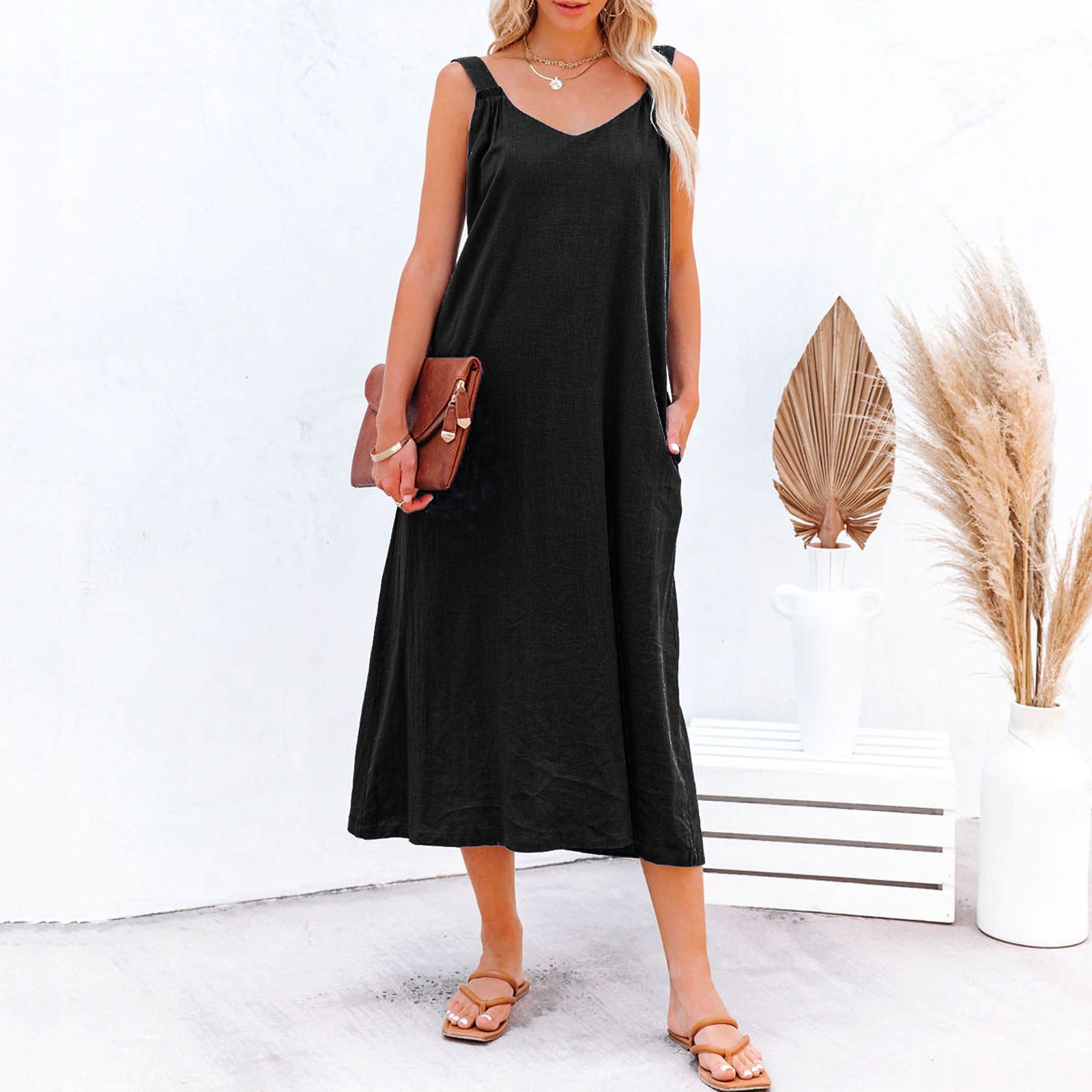 Himiway Womens Sleeveless Casual Loose Ruffle Flowy Backless Dress ...