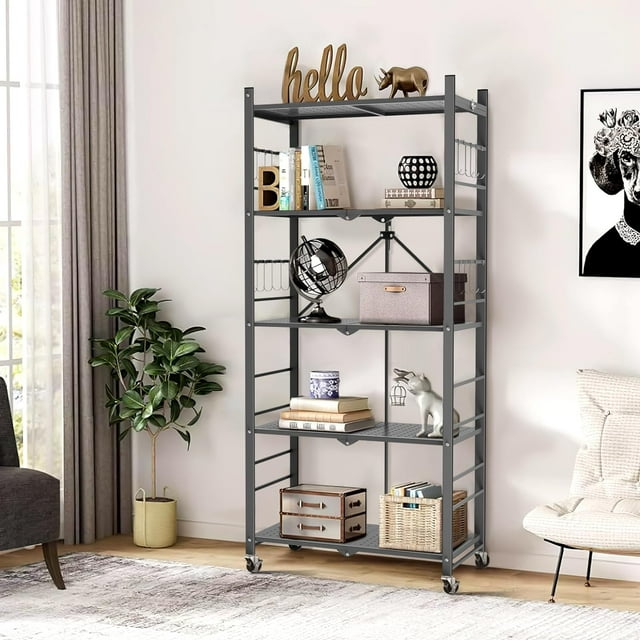 Himix Storage Shelves with 20 Hooks, 5-Tier Foldable Shelves for ...